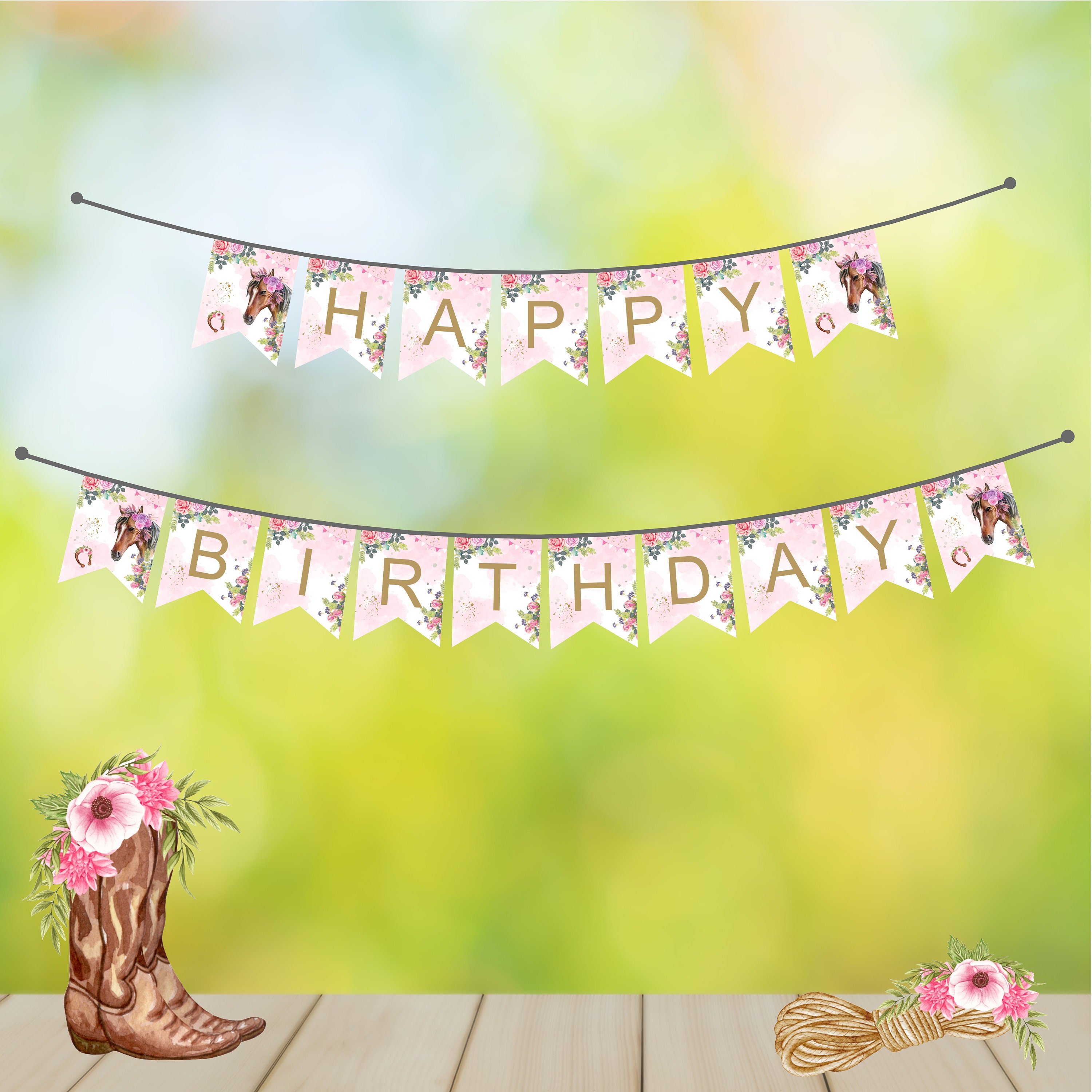 Editable Saddle up Birthday Banner, Girl Horse Birthday, Watercolor ...