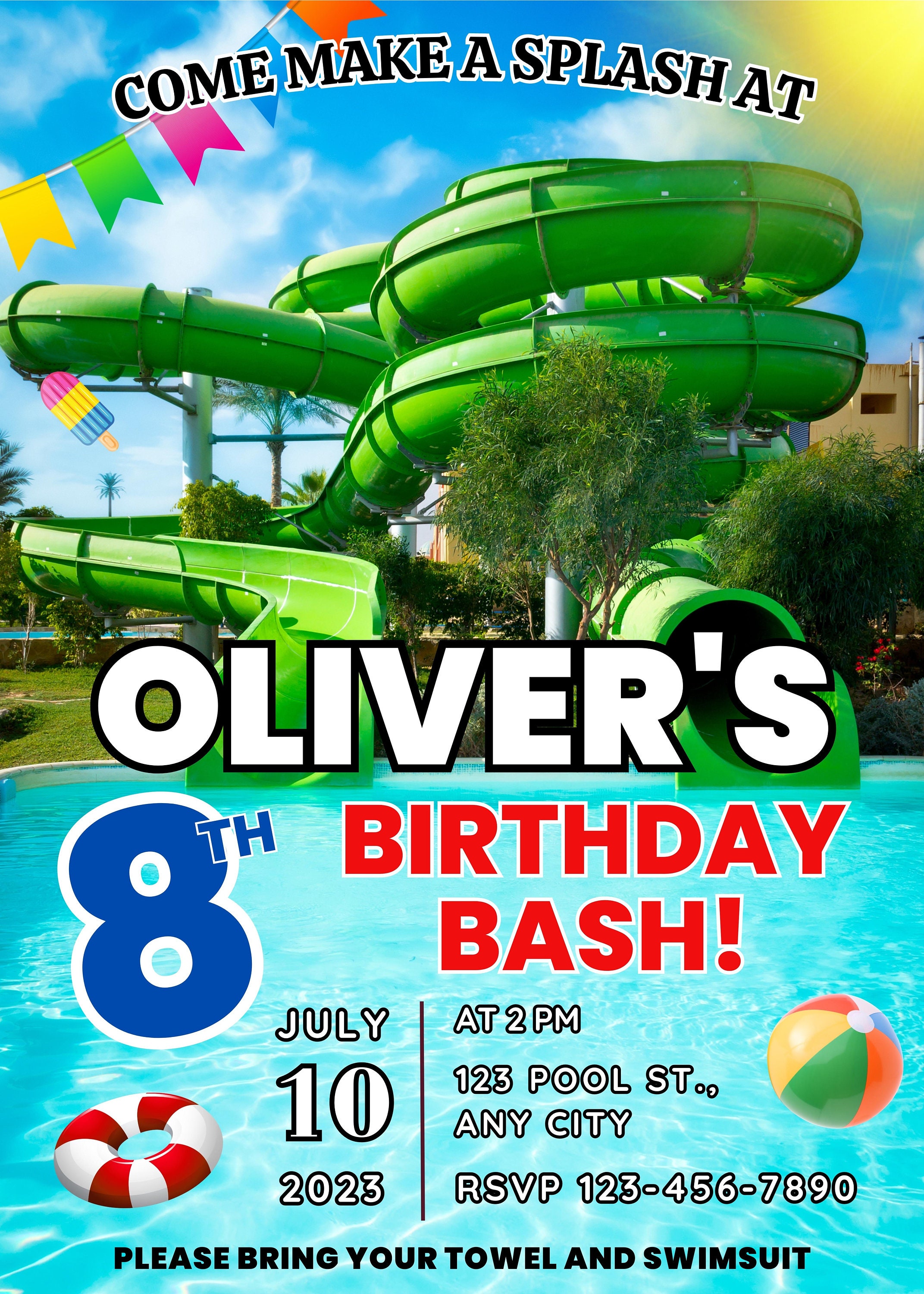 EDITABLE Water Park Invitation, Pool Birthday Invitation, Water Slide ...
