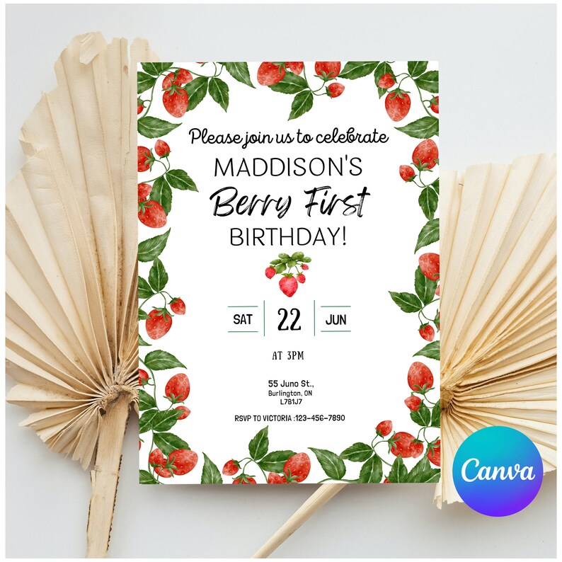 EDITABLE Berry First Birthday Invitation, Strawberry First Birthday ...