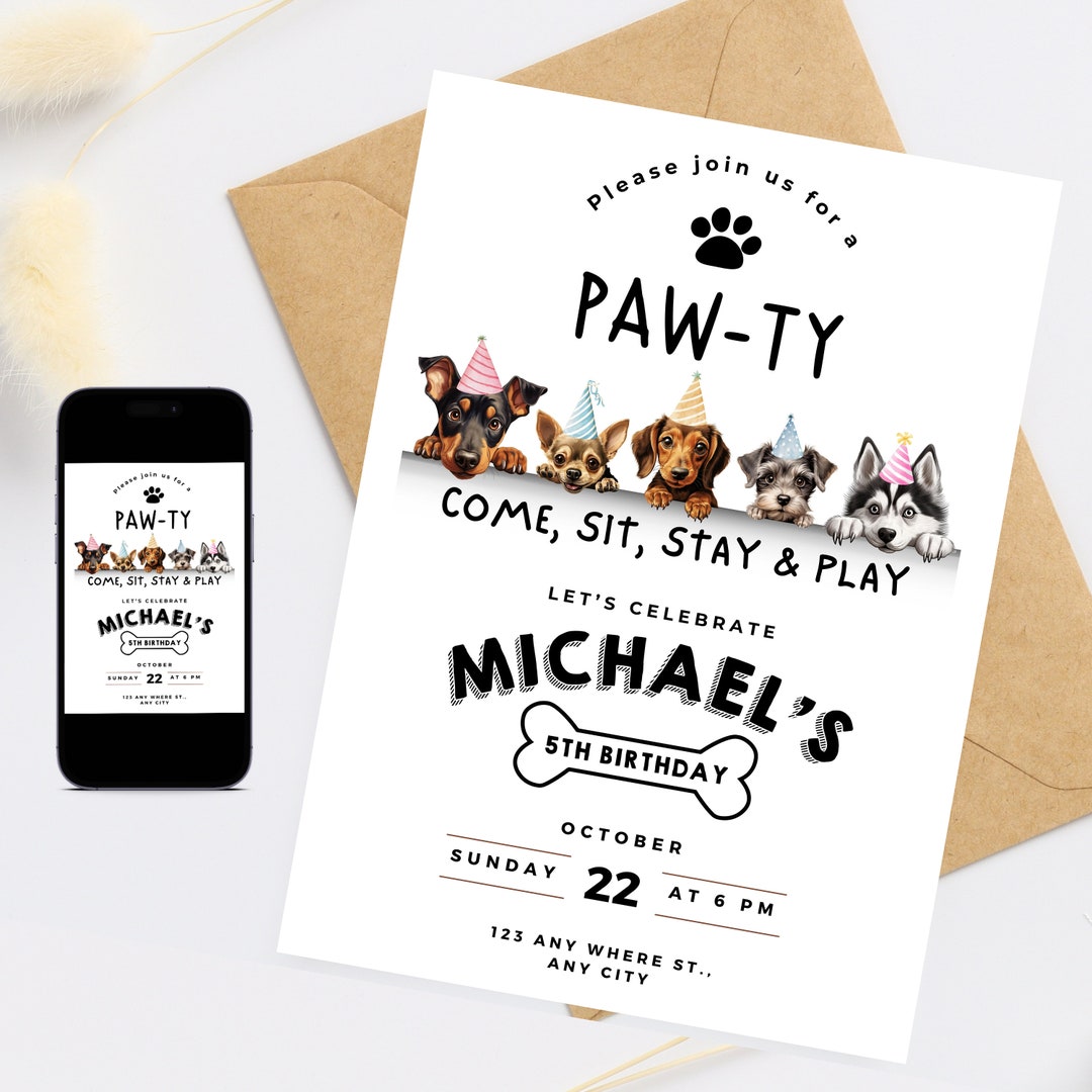Puppy Birthday Invitation, Dog Invitation, Let's Paw-ty Birthday ...
