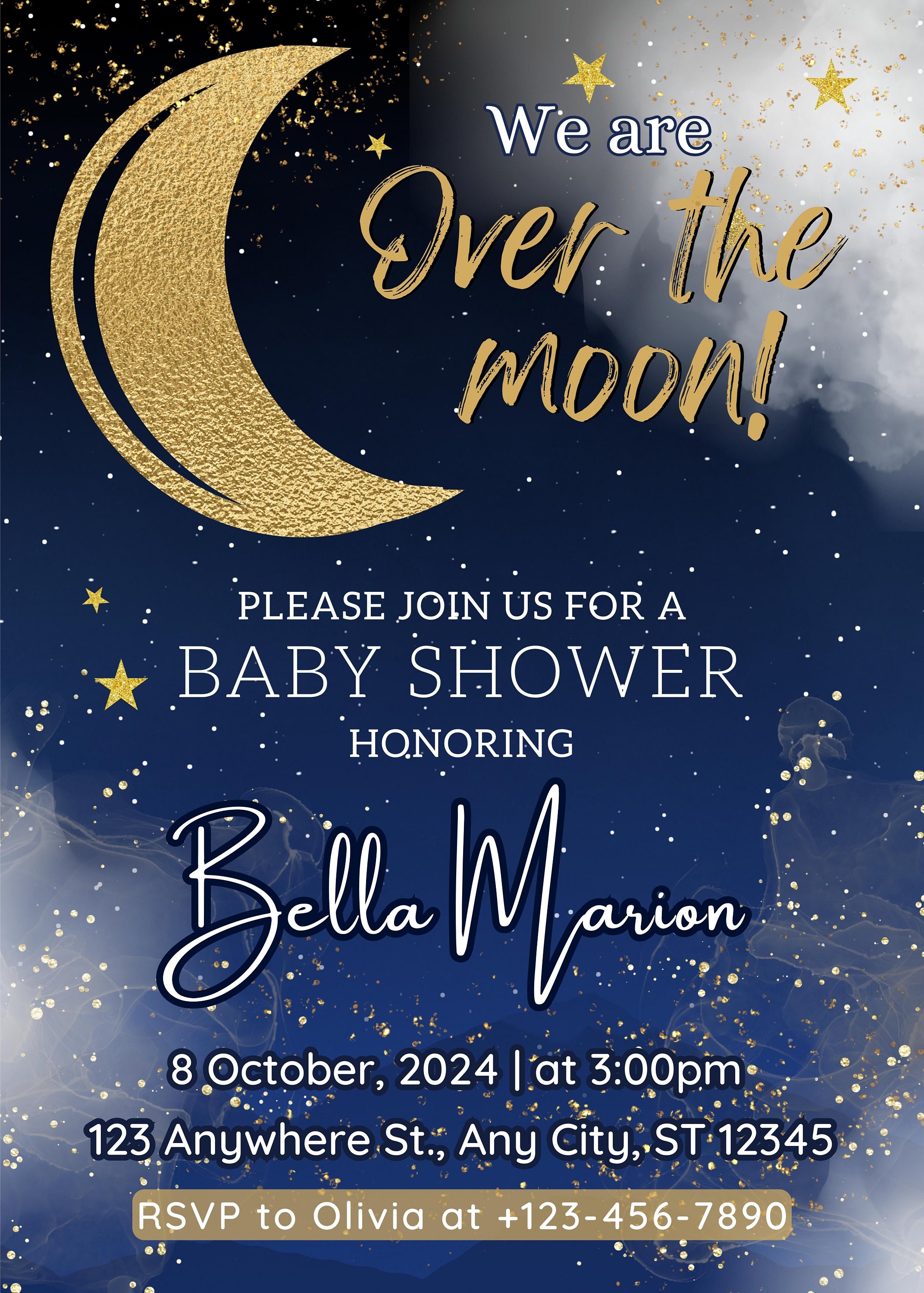 Editable Over the Moon Baby Shower Invitation,, Printable Template ...