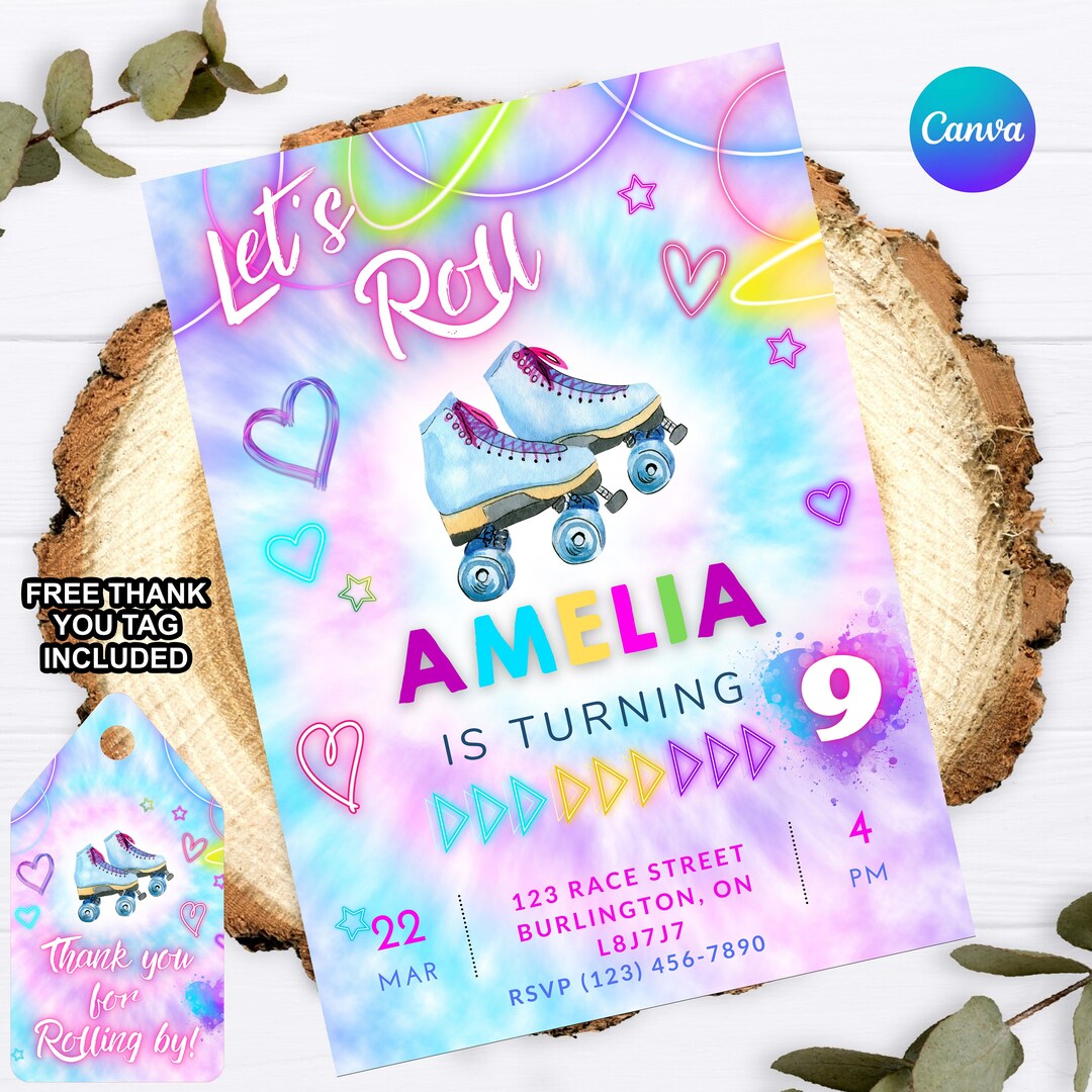 Editable Roller Skating Invitation, Roller Skate Invitation, Tie Dye ...