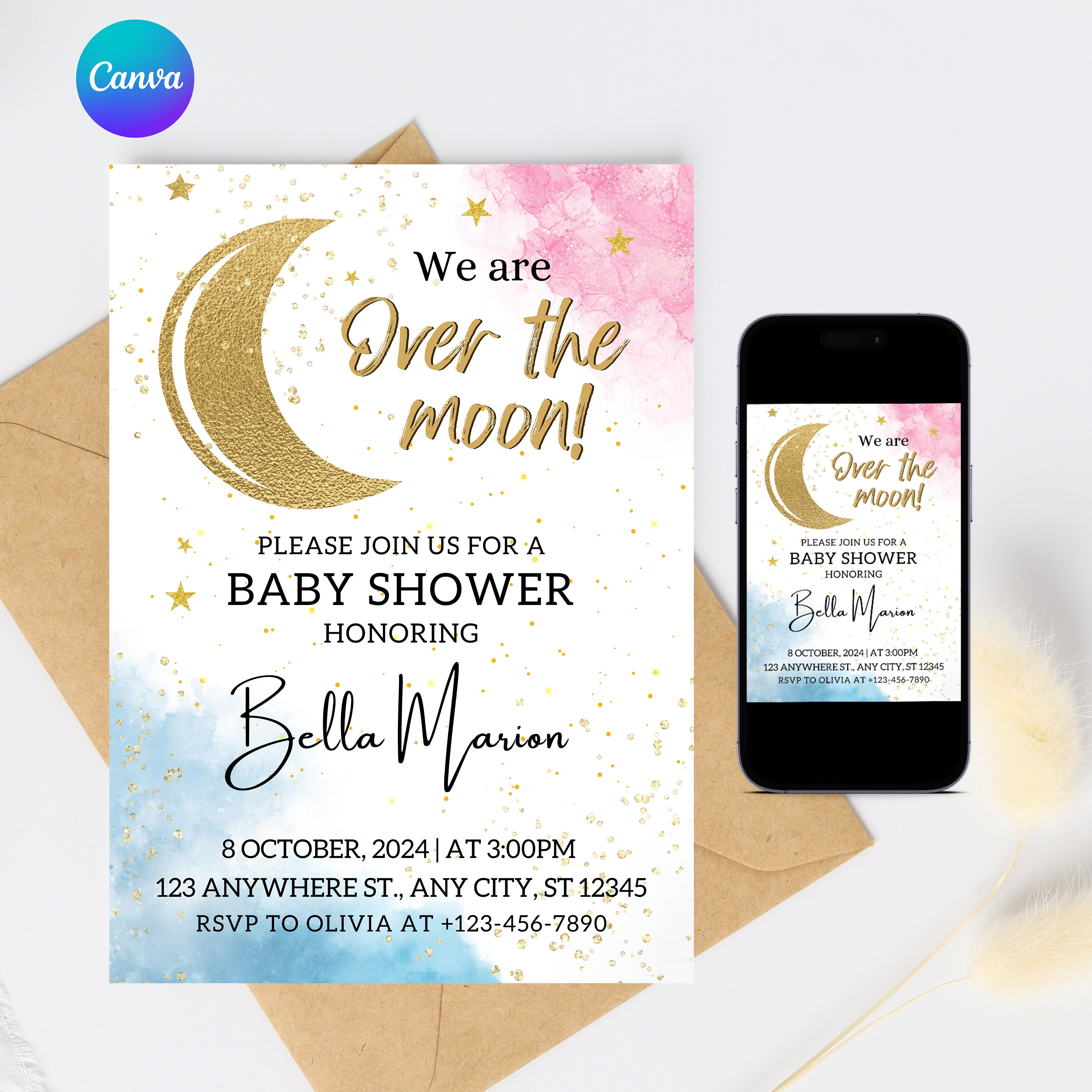 Editable Over the Moon Baby Shower Invitation, Printable Template, Pink ...