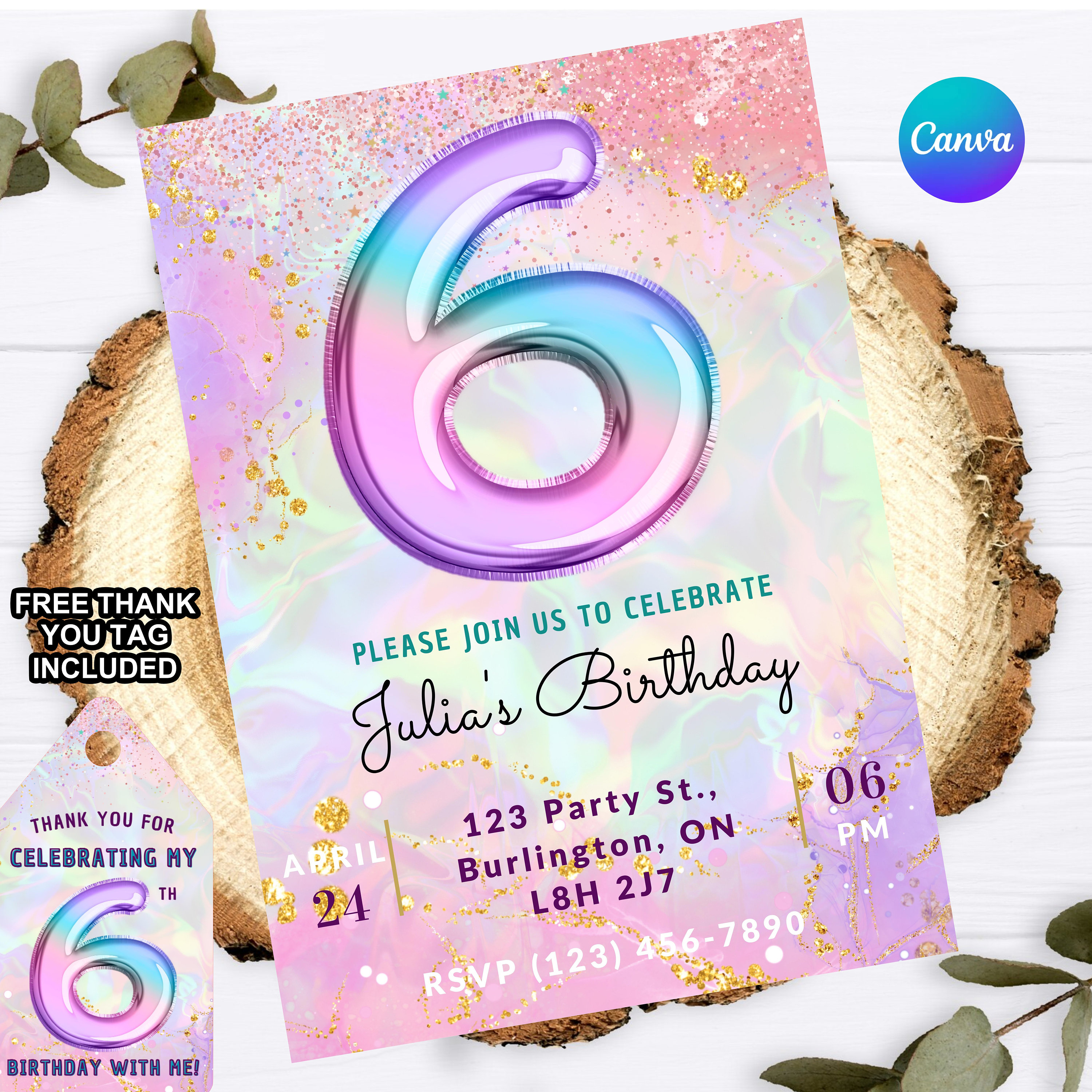 6th Birthday Invitation, Pastel Party, Glitter Rainbow Ombre, Girls ...
