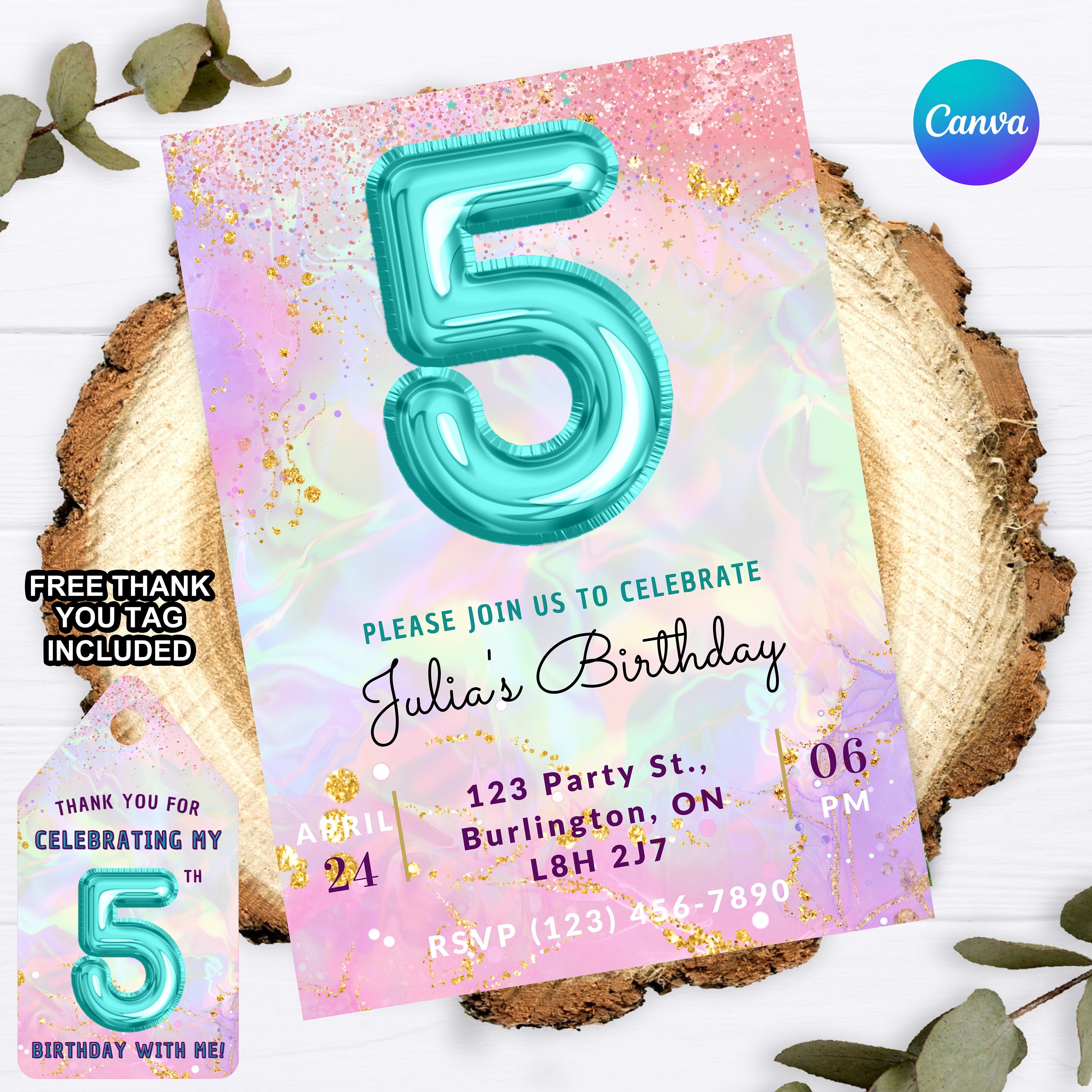 5th Birthday Invitation Editable Fifth Birthday Pastel - Etsy