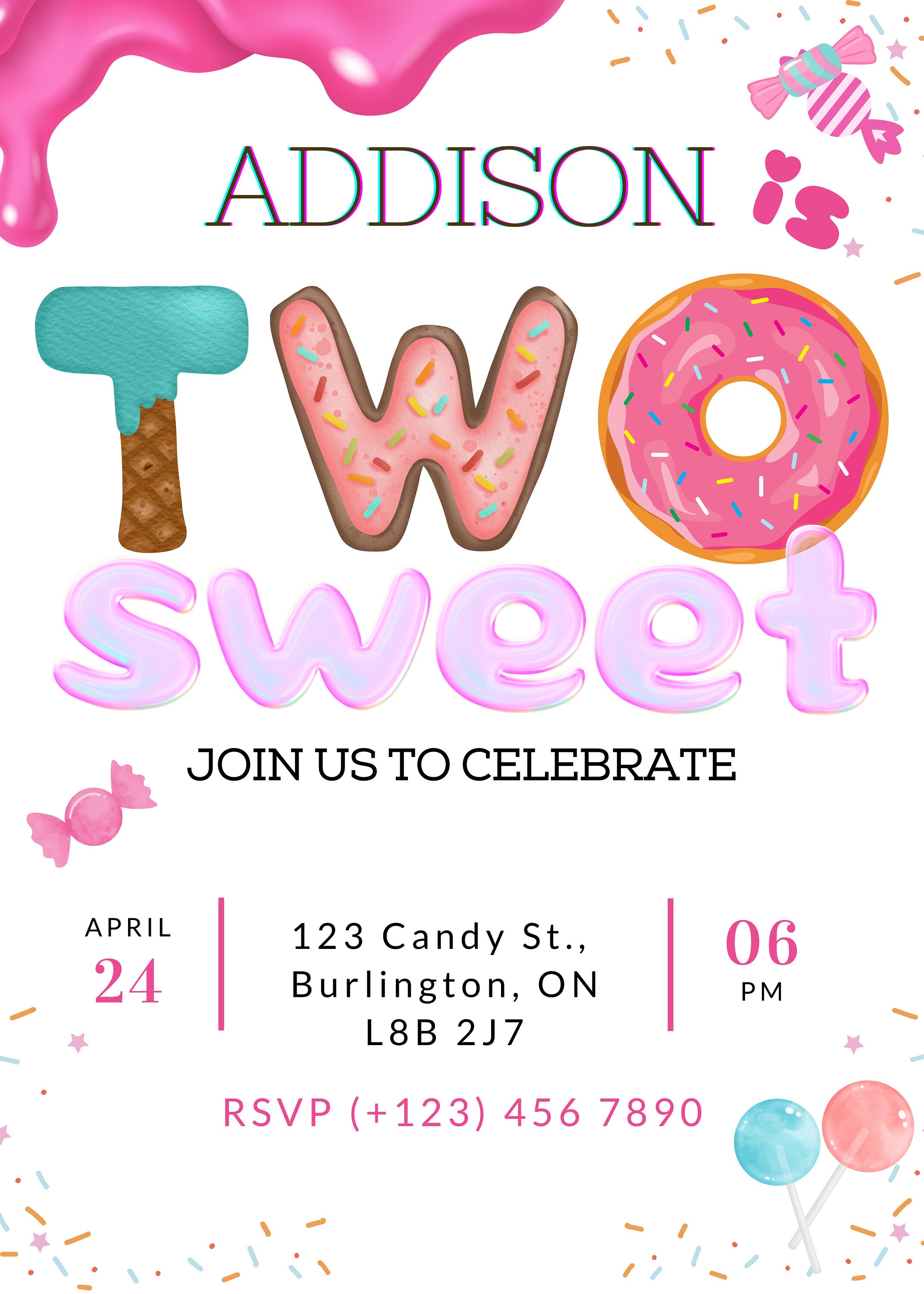 EDITABLE Two Sweet Birthday Invitation, 2nd Birthday, Girl Donut Invite ...