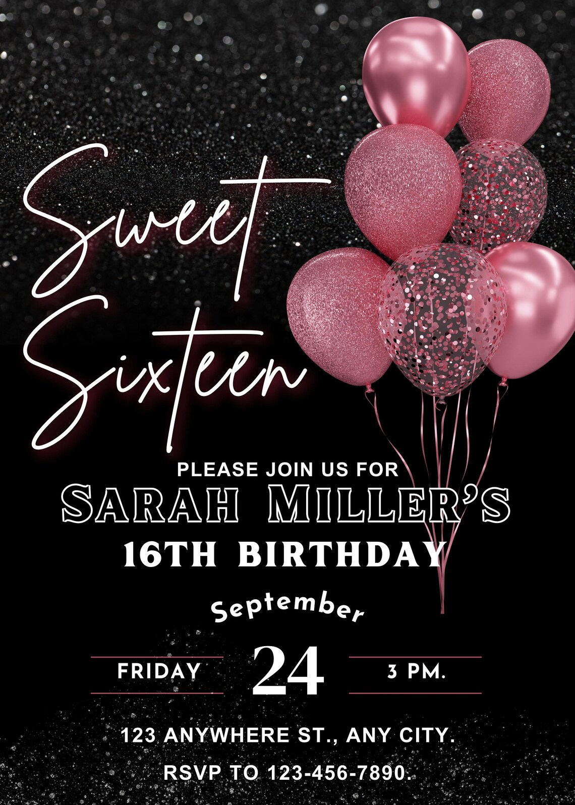 Editable Sweet 16 Birthday Invitation, Black, Rose Gold, White Birthday ...