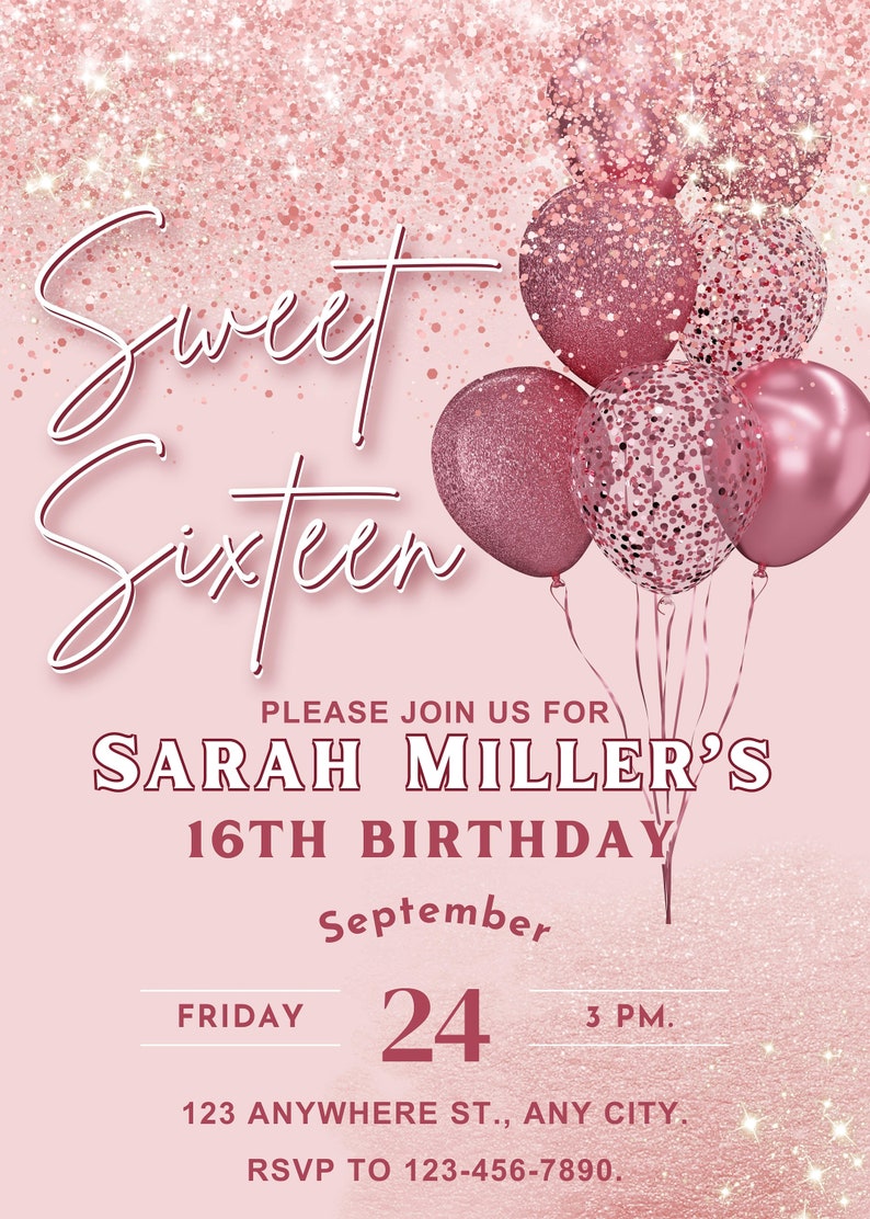 Editable Sweet 16 Birthday Invitation, Pink, Rose Gold, White Birthday ...