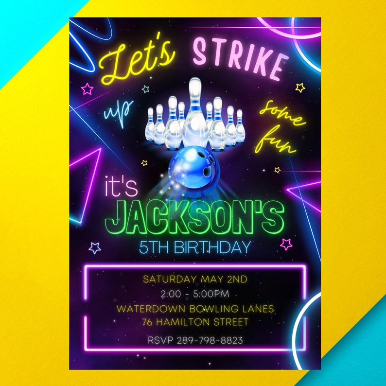 Editable Bowling Birthday Invitation, Glow Bowling Invitation, Bowling ...