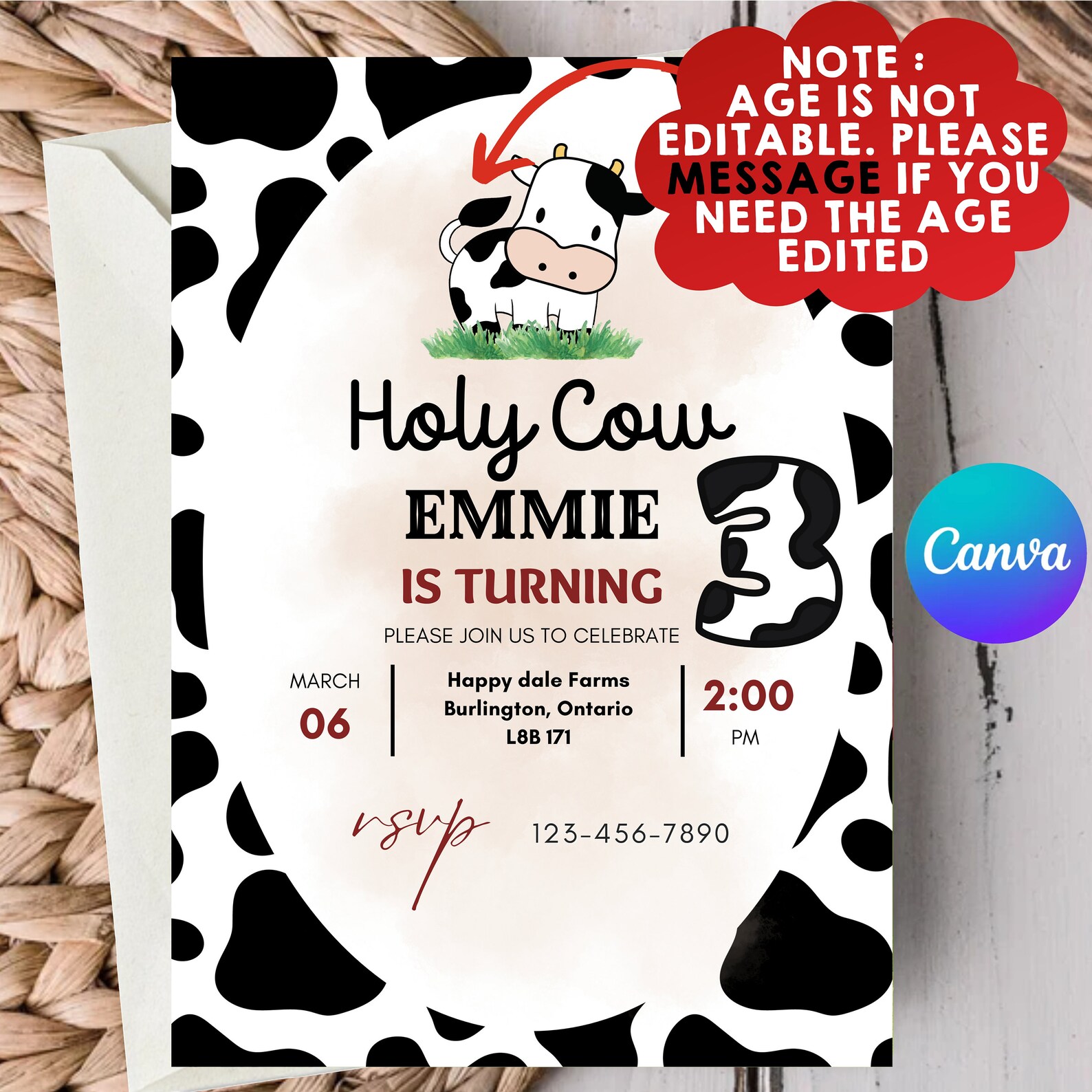 Holy Cow 3rd Birthday Invitation, Editable Holy Cow Invitation ...
