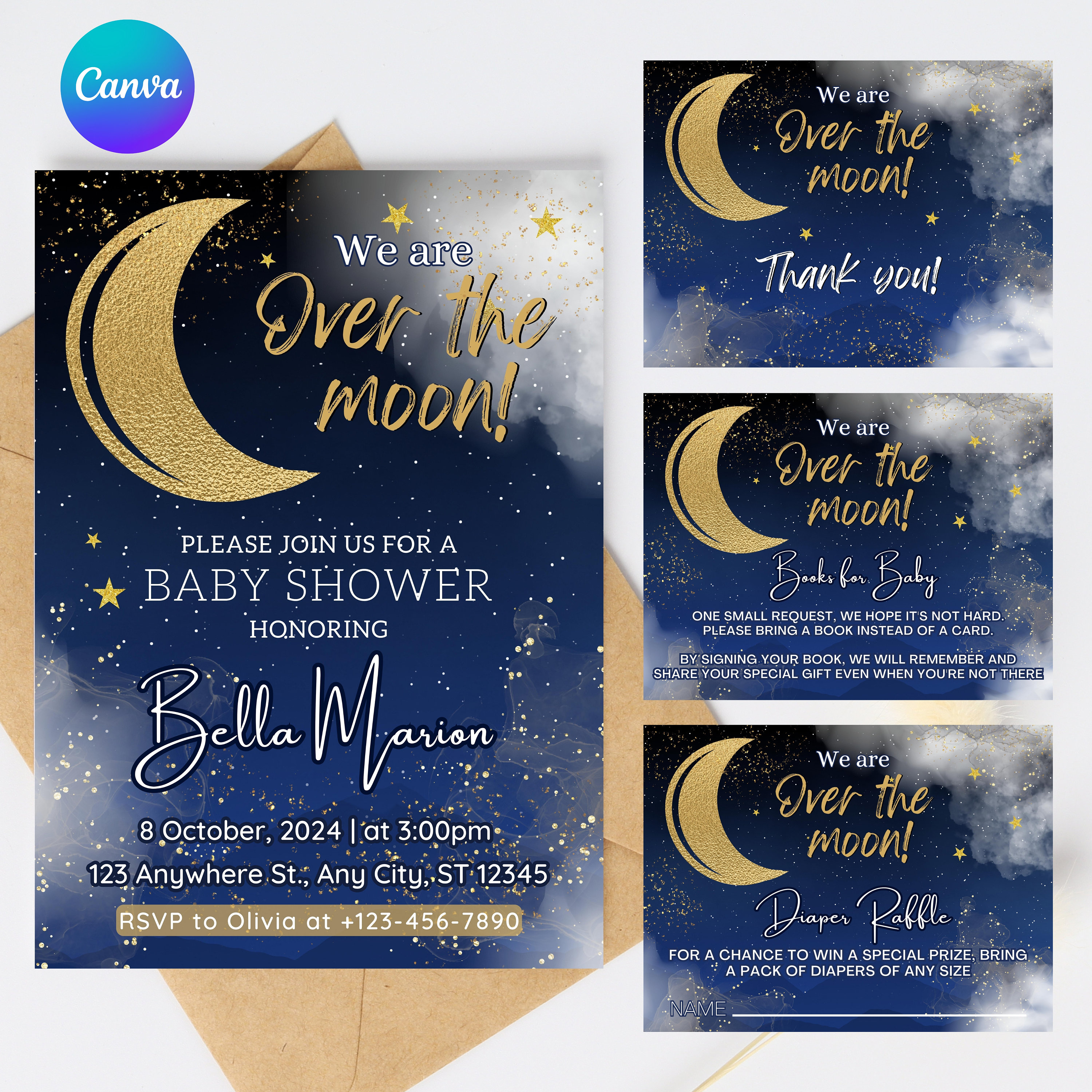 Editable Over the Moon Baby Shower Invitation,, Printable Template ...