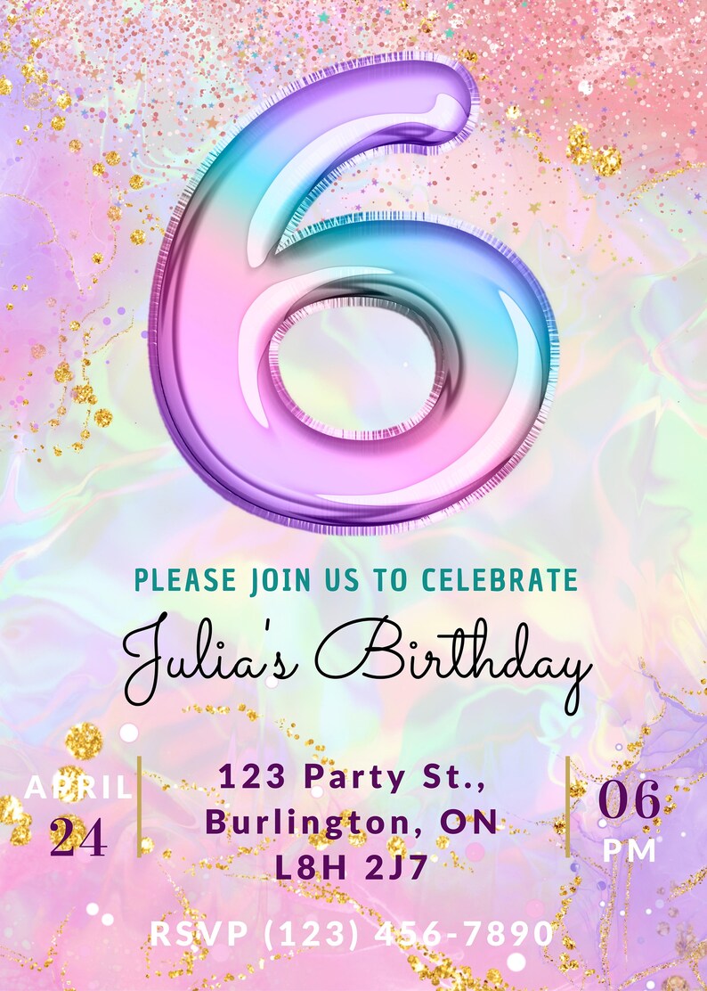 6th Birthday Invitation, Pastel Party, Glitter Rainbow Ombre, Girls ...