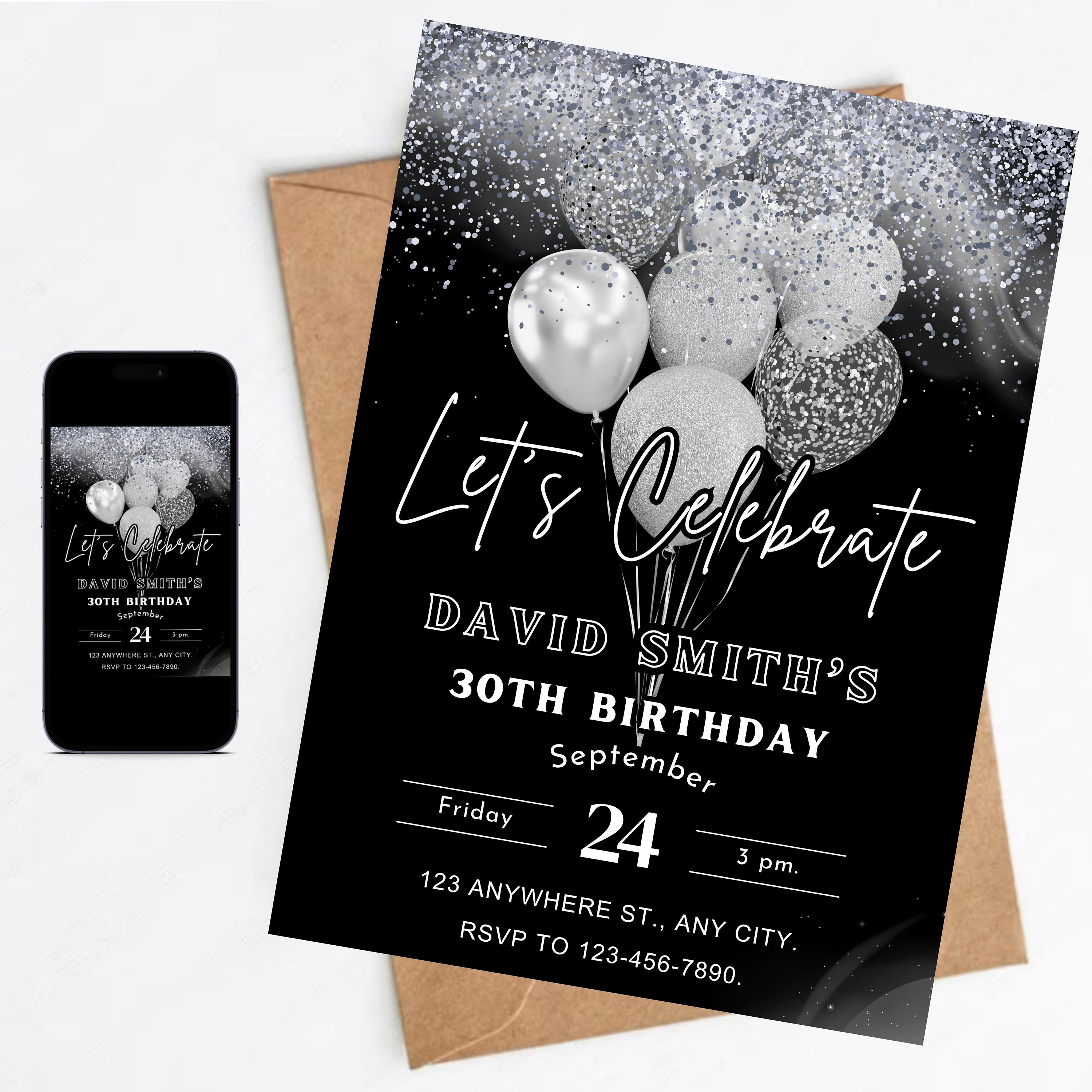 Editable Adult Birthday Invitation, ANY AGE, Black, Silver, White ...