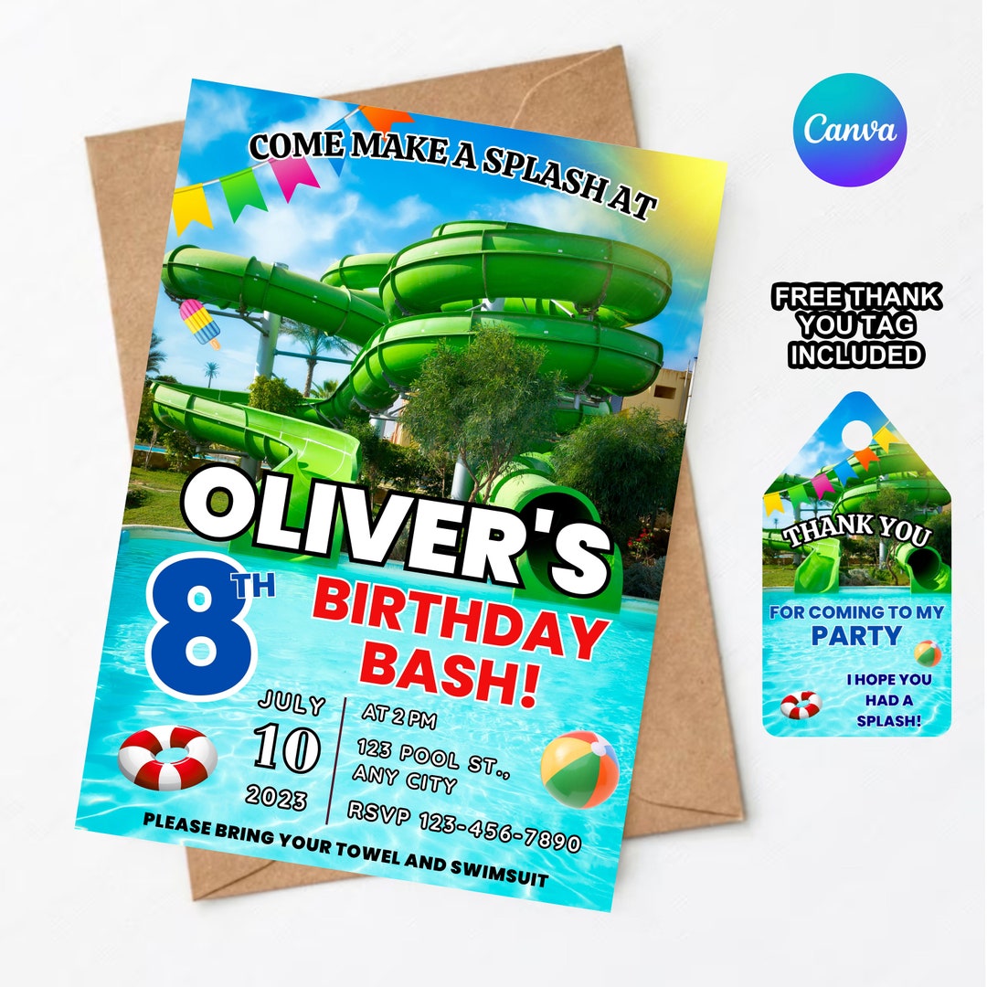 EDITABLE Waterpark Invitation, Pool Birthday Invitation, Water Slide ...