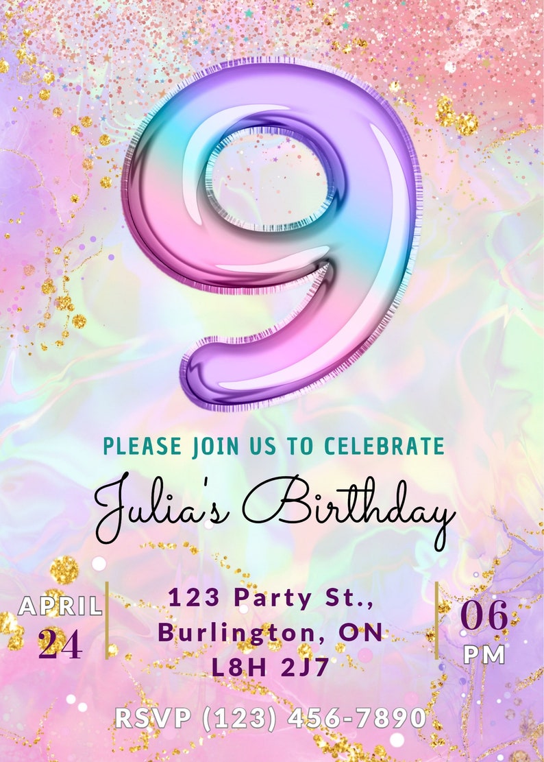 9th Birthday Invitation, Pastel Party, Glitter Rainbow Ombre, Girls ...