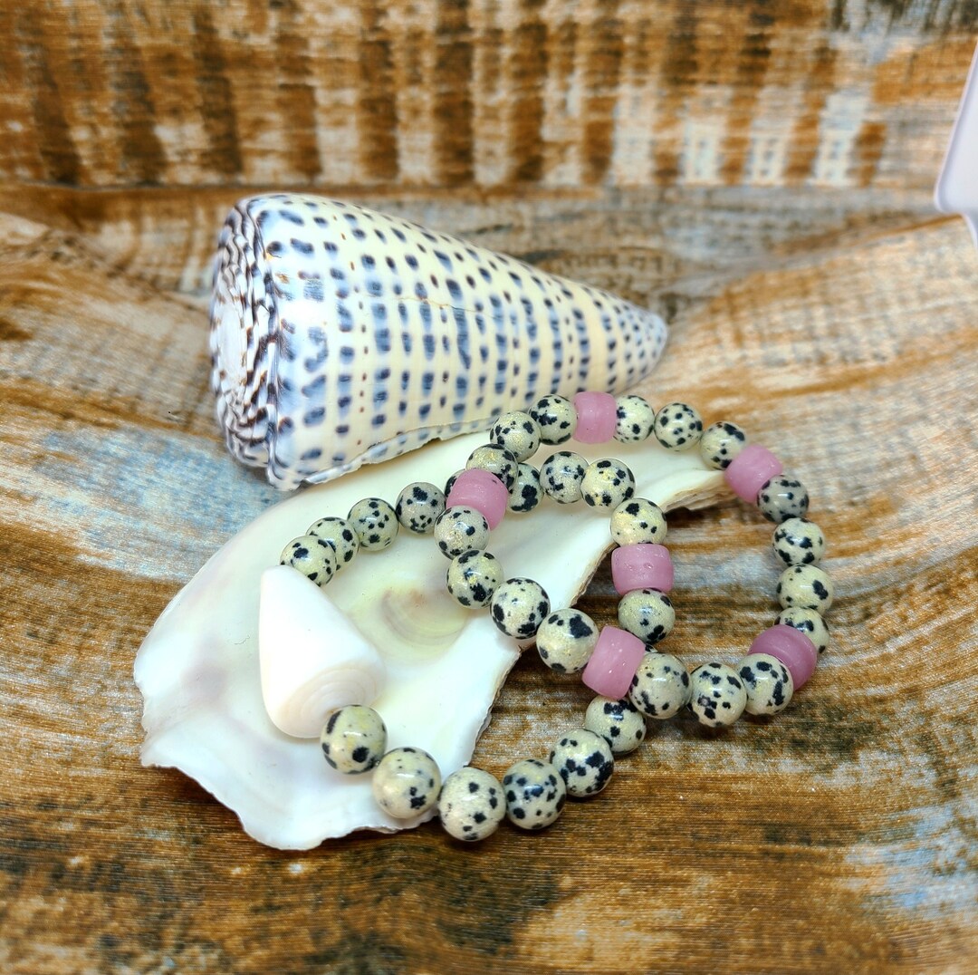 Set of Cone Shell, Dalmatian Jasper, & Glass Bracelets - Etsy