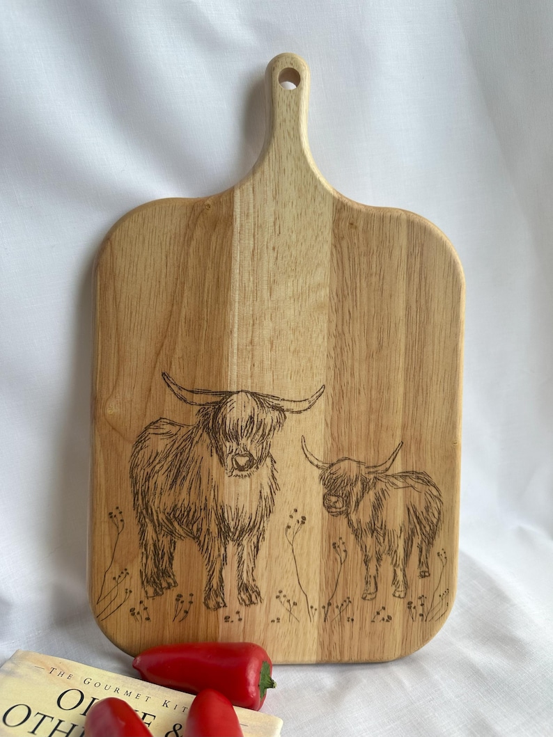 Engraved White Oak Charcuterie Board: Highland Cow Design, Rustic ...