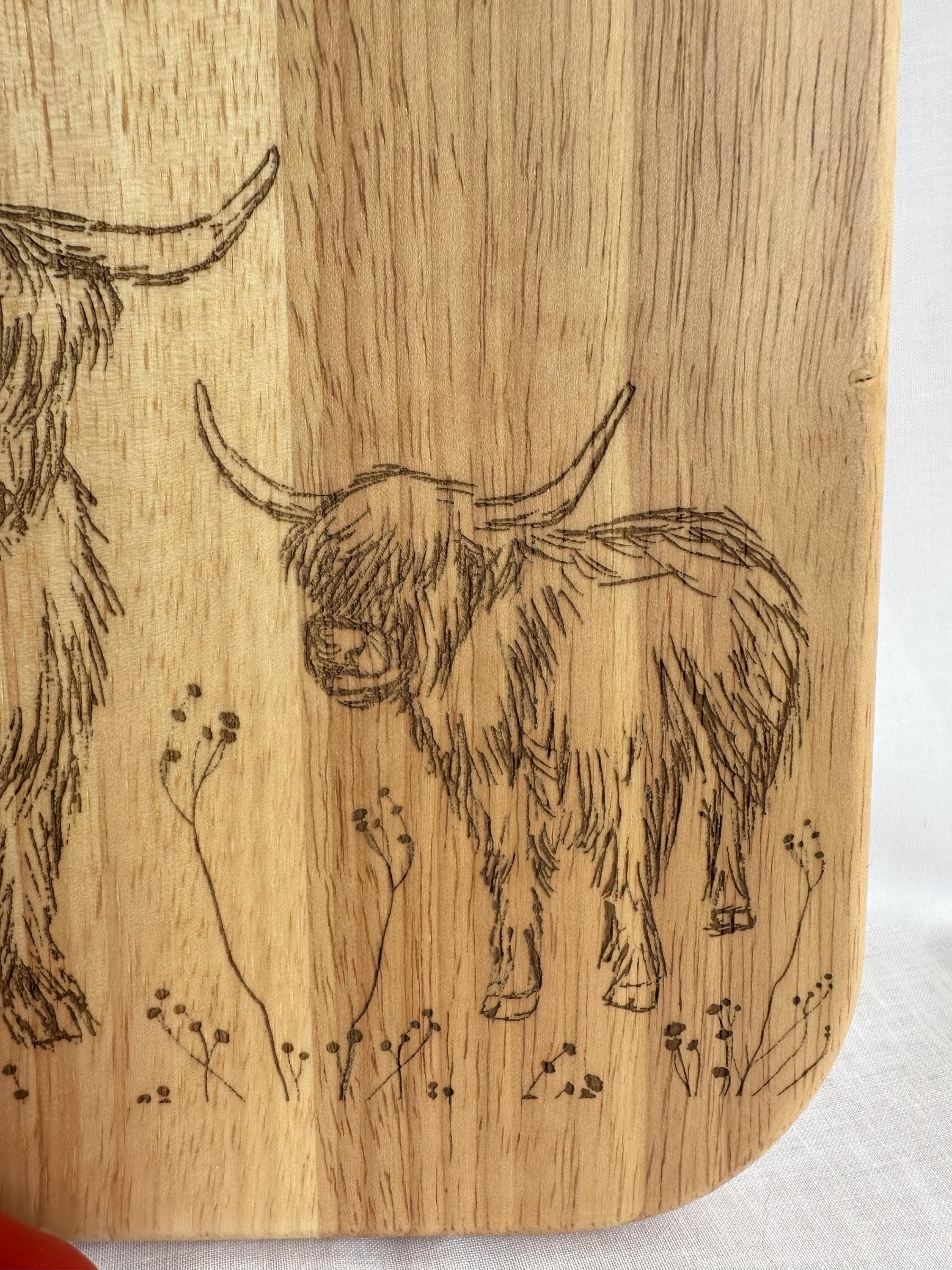 Engraved White Oak Charcuterie Board: Highland Cow Design, Rustic ...