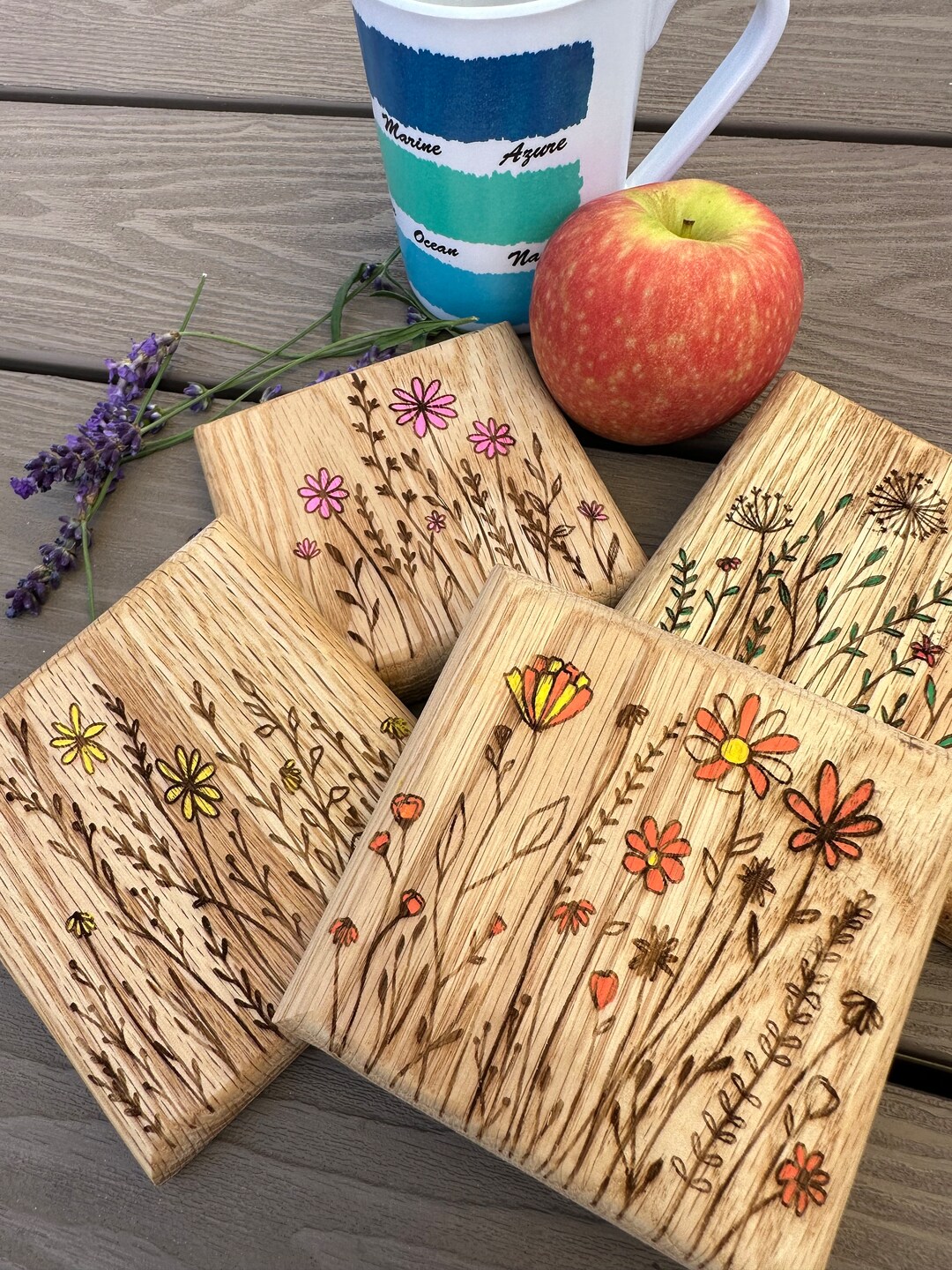 Oak Engraved Coasters, Hand Painted Wild Flowers, Floral Coasters ...