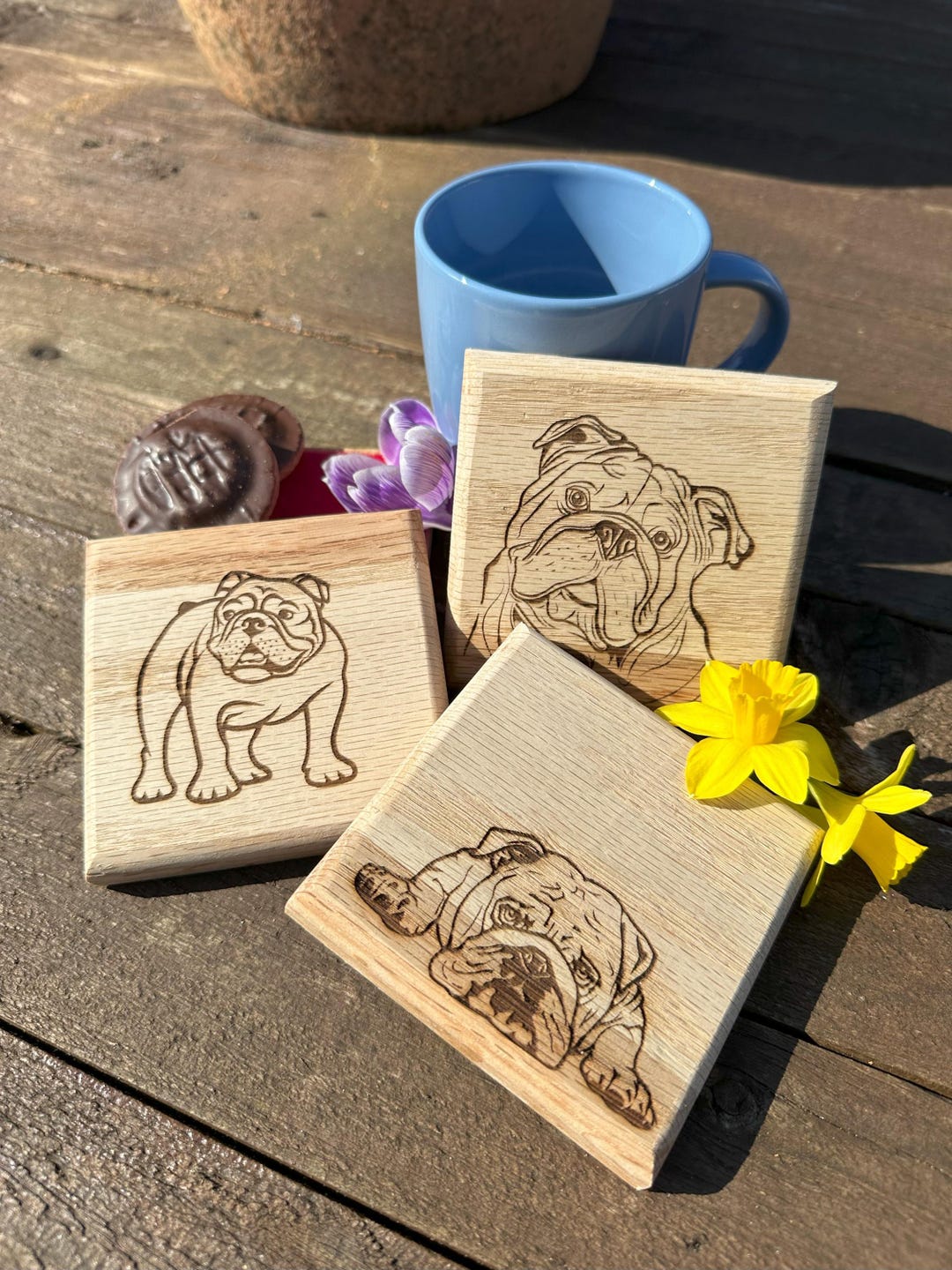British Bulldog Coasters - Oak Wood, Set of 3 or Single - Dog Lover ...