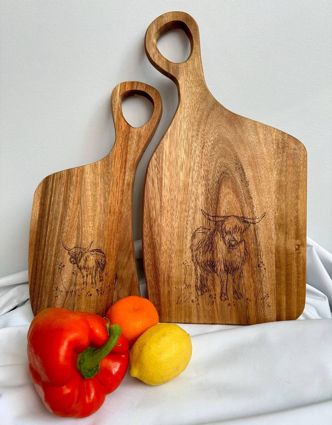 Interlocking Unique Acacia Chopping Boards | Engraved Highland Cow ...