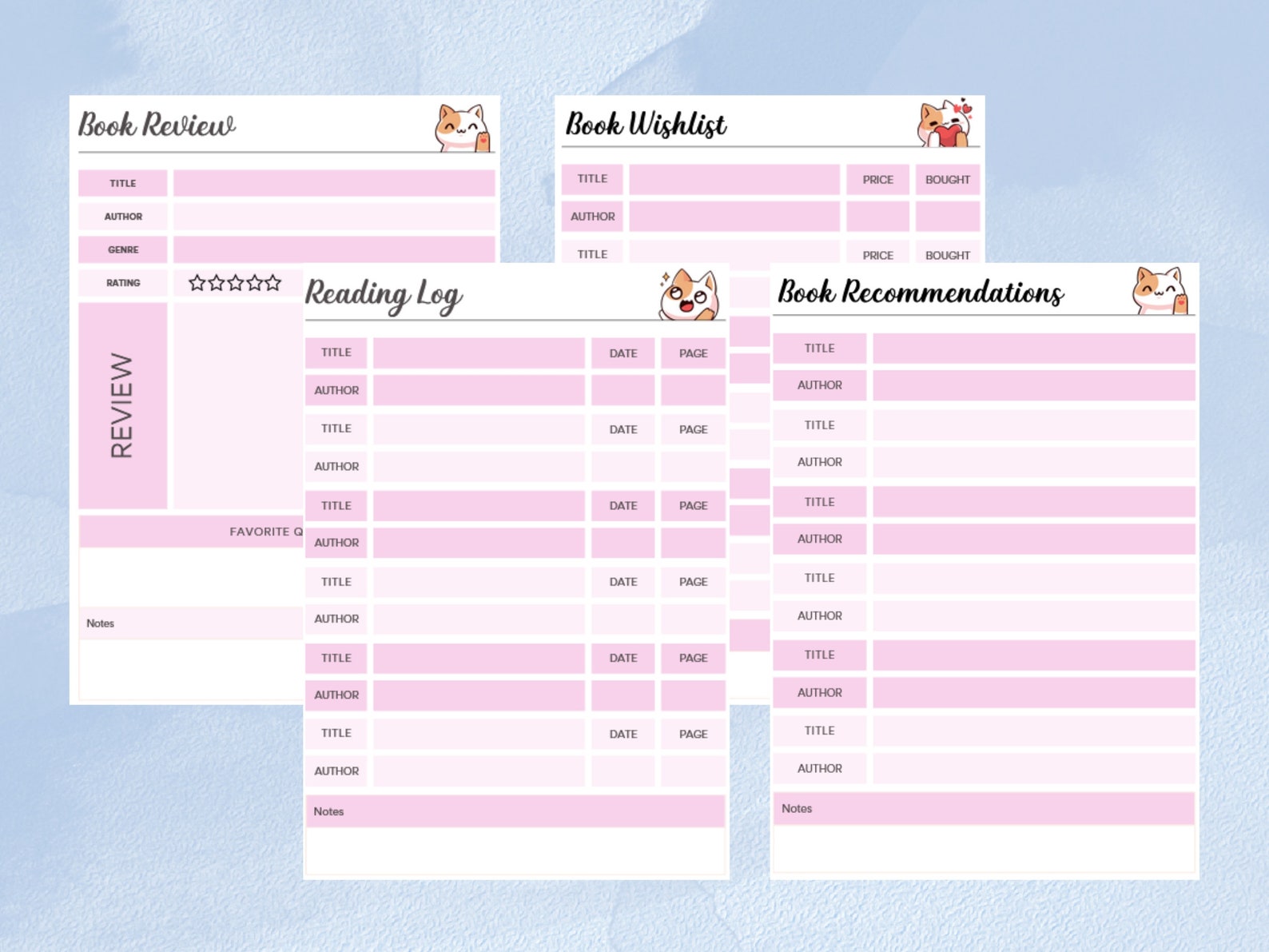 Cat Reading Journal Cute Printable Book Planner Booktok - Etsy