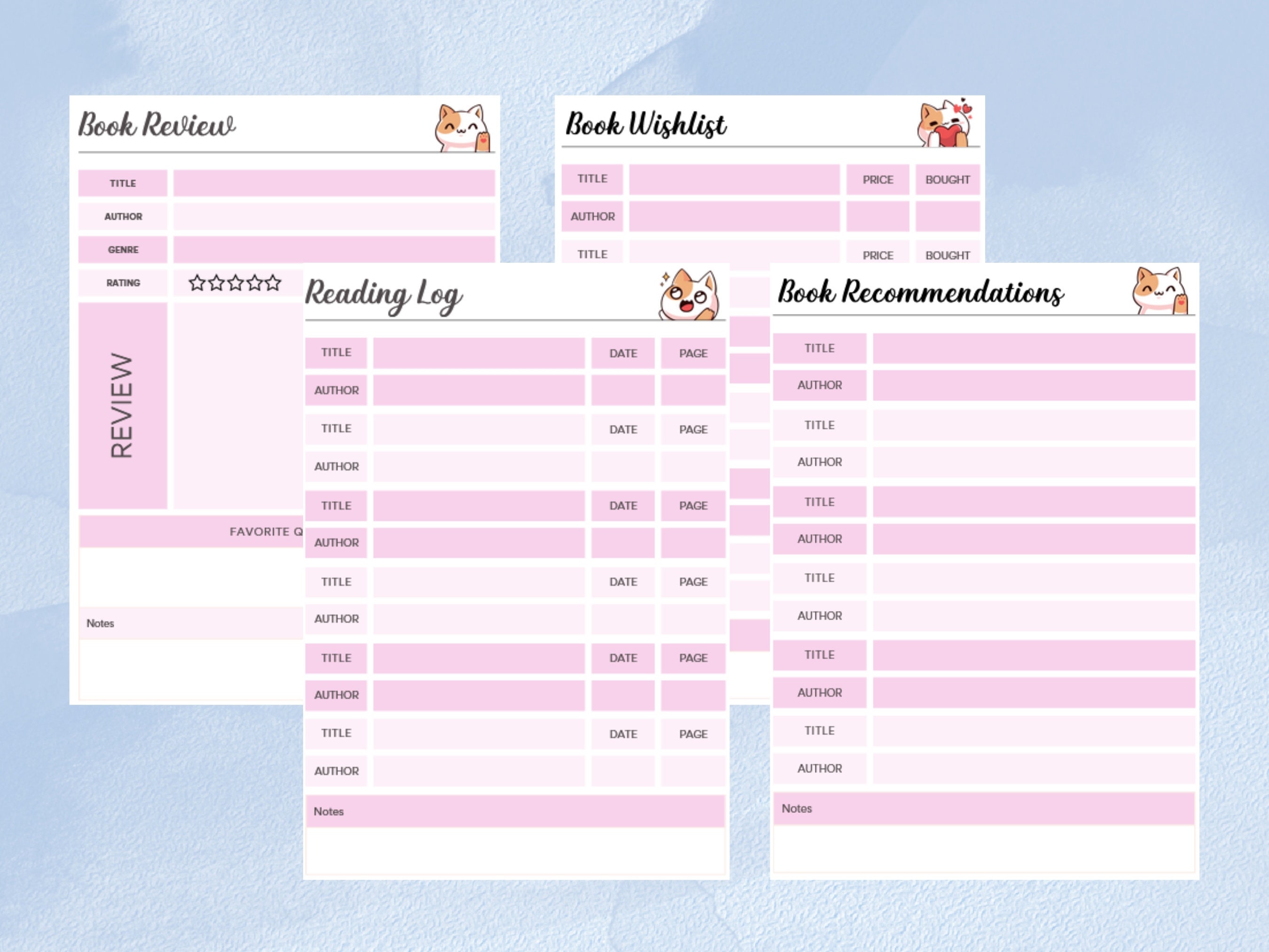 Cat Reading Journal, Cute Printable Book Planner, Booktok Merch and ...