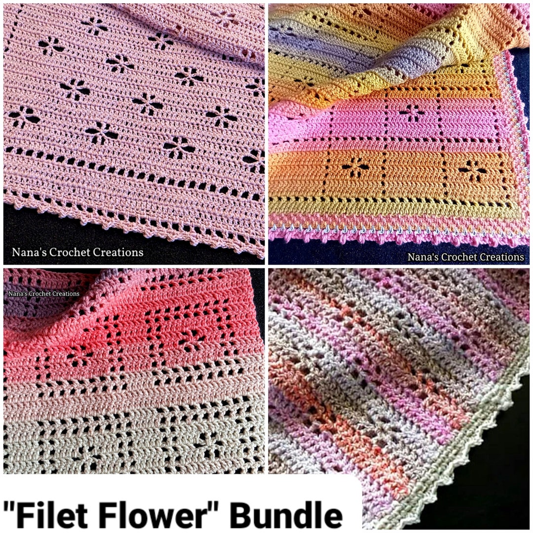 Filet Crochet Flower Blanket Pattern Bundle FIVE Patterns Included ...
