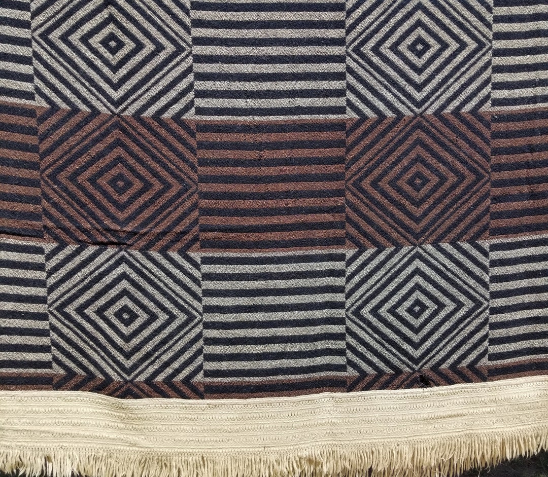 Vintage Irish Tapestries Black Tan Brown Wool Diamond Stripe Bedspread ...
