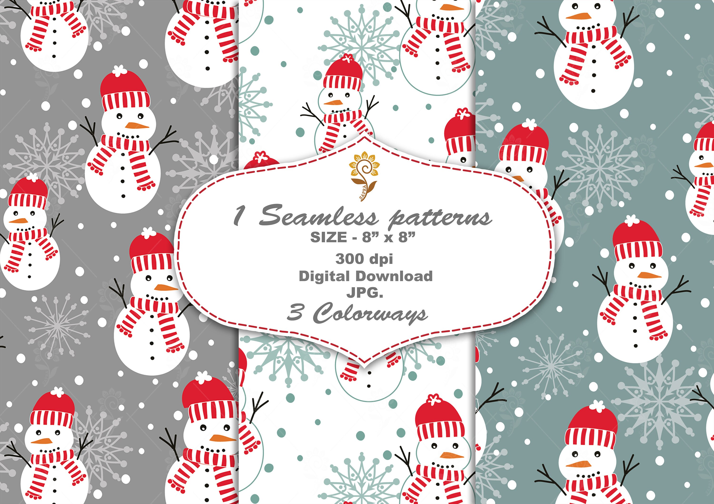 Christmas Seamless Pattern, Snowman Paper Design, Grey Background, Snow ...