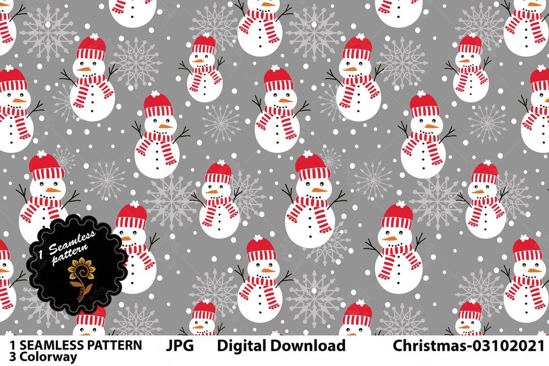 Christmas Seamless Pattern, Snowman Paper Design, Grey Background, Snow ...