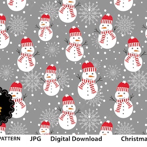 Christmas Seamless Pattern, Snowman Paper Design, Grey Background, Snow ...
