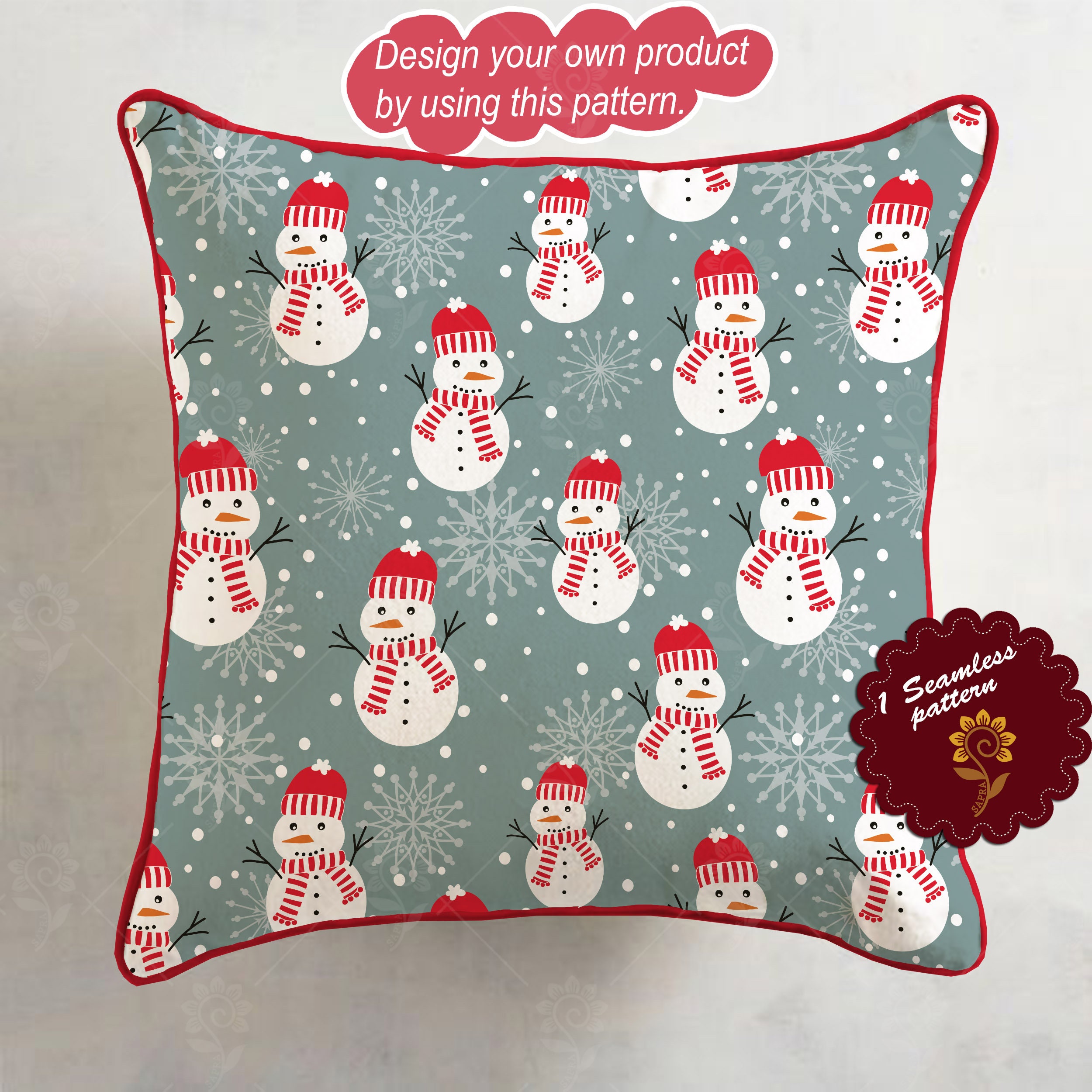 Christmas Seamless Pattern, Snowman Paper Design, Grey Background, Snow ...