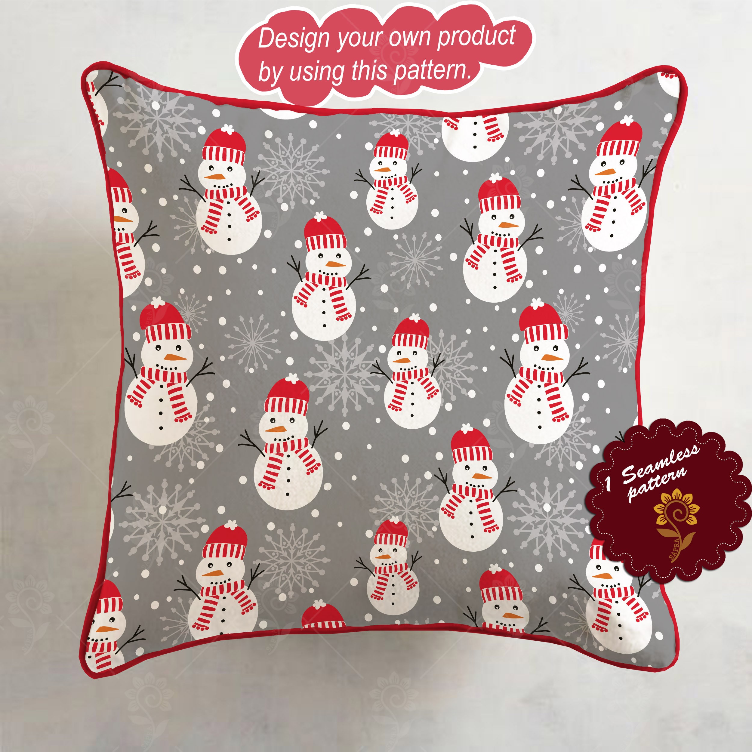 Christmas Seamless Pattern, Snowman Paper Design, Grey Background, Snow ...