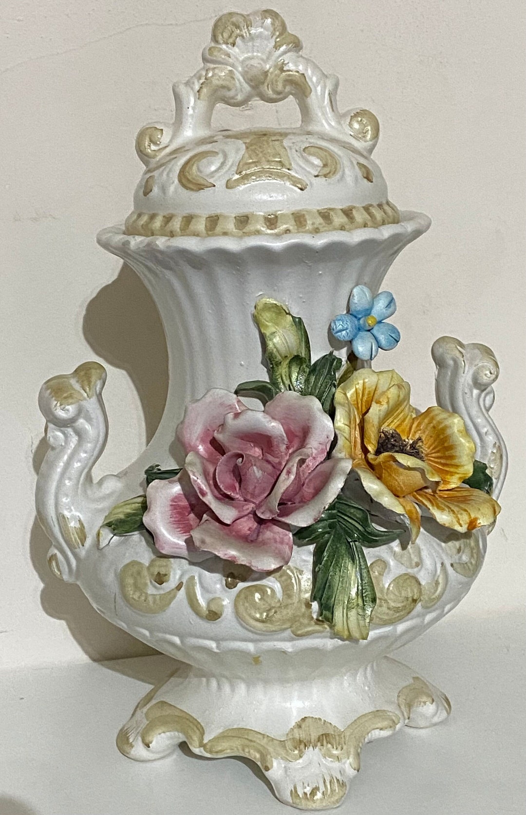 Vintage Handmade Italy Capodimonte Urn Pink Rose, Flowers and Lid ...