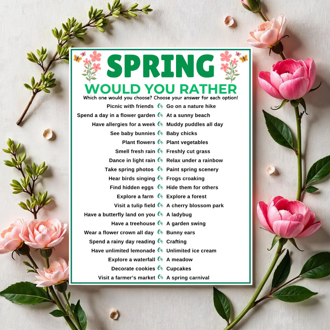 Spring Would You Rather Game, Printable Spring Game for Kids & Adults ...