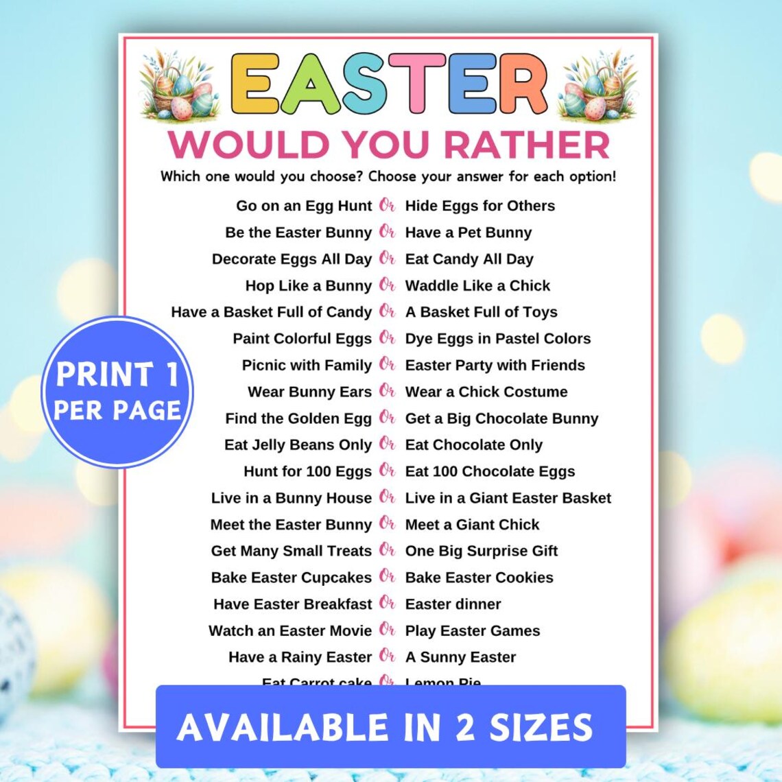Easter Would You Rather Game, Family Easter Game, Printable Easter ...