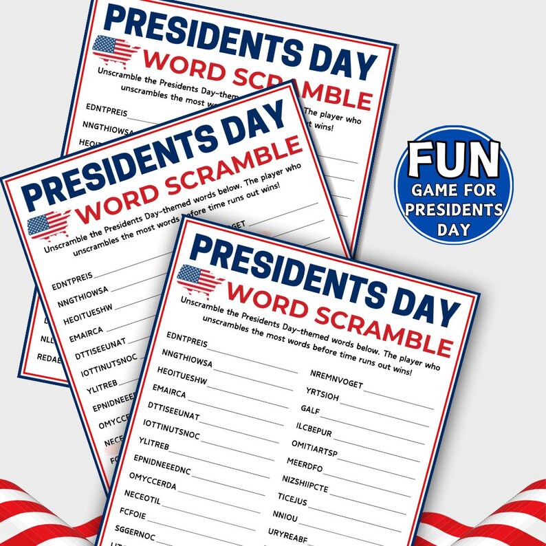 Presidents Day Word Scramble Game, Printable Patriotic Game, American ...