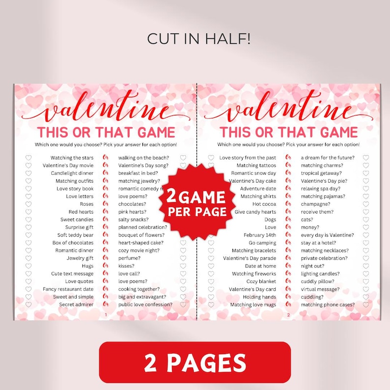 Printable Valentine's Day This or That Game, Would You Rather Questions ...