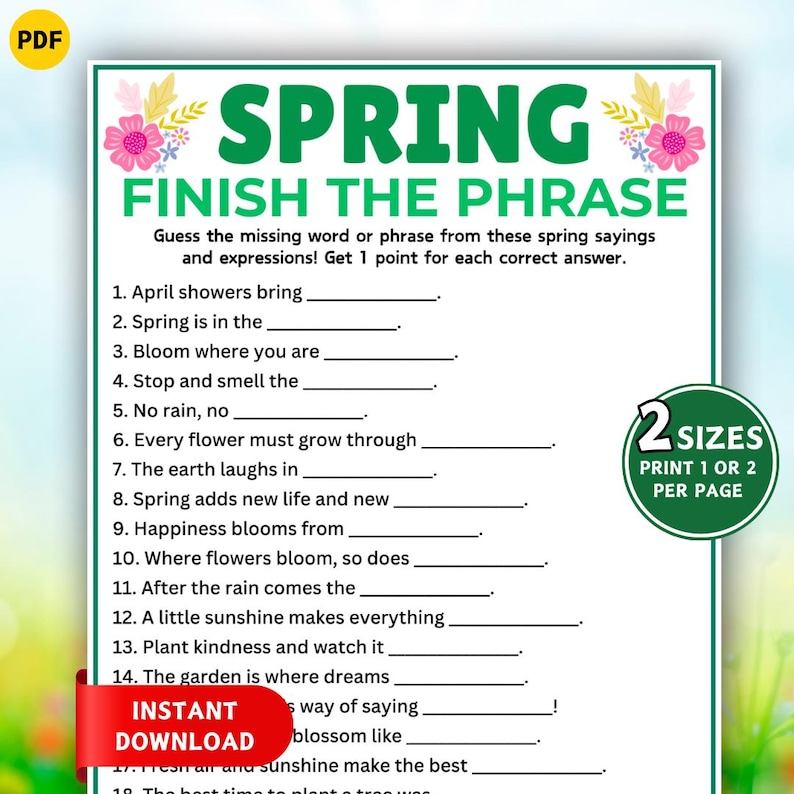 Spring Finish the Phrase Game, Finish My Phrase, Printable Spring Games ...