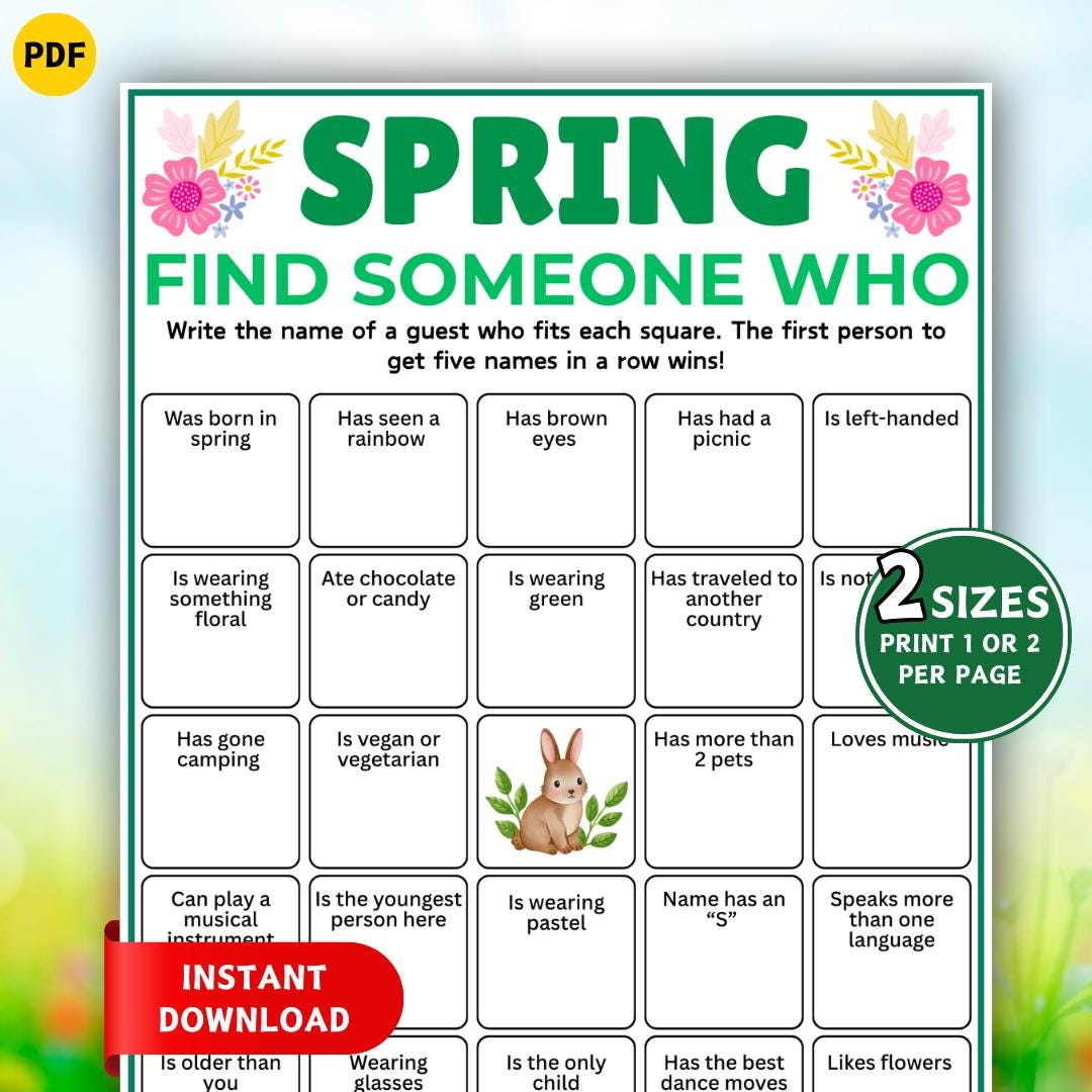 Spring Find Someone Who Game, Spring Party Game, Find the Guest Bingo ...
