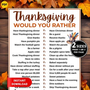 Thanksgiving Would You Rather Game, Printable Thanksgiving Game ...