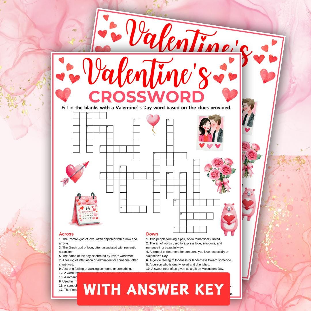 Printable Valentines Day Crossword Puzzle, Valentine Party Game for ...