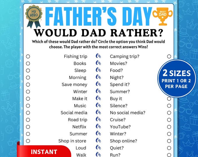 Would Dad Rather Father's Day Game, Printable Father's Day Games, Who ...