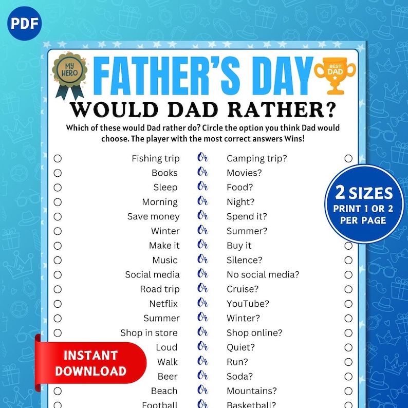 Would Dad Rather Father's Day Game, Printable Father's Day Games, Who ...