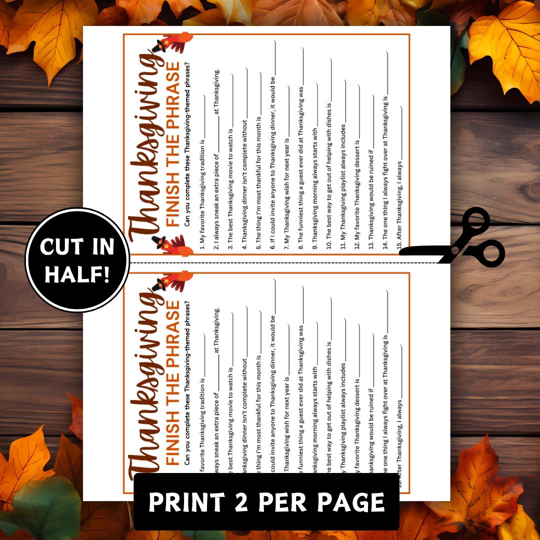 Thanksgiving Finish the Phrase Game, Printable Thanksgiving Game ...