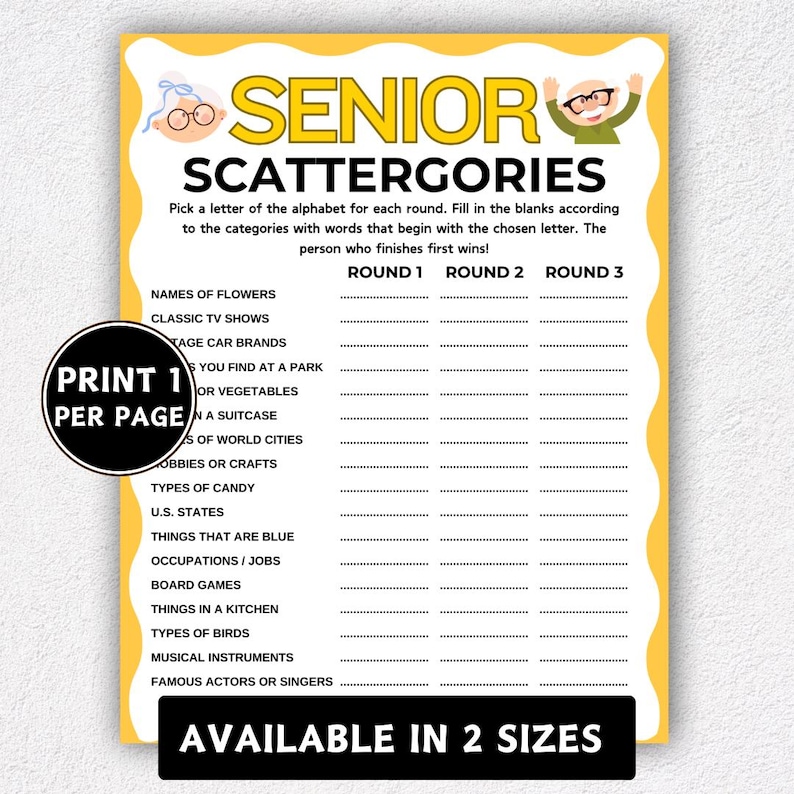 Printable Scattergories Game, Fun Games for Senior Citizens, Senior ...