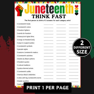Juneteenth Think Fast Game, Think Quick Trivia Game, Printable ...