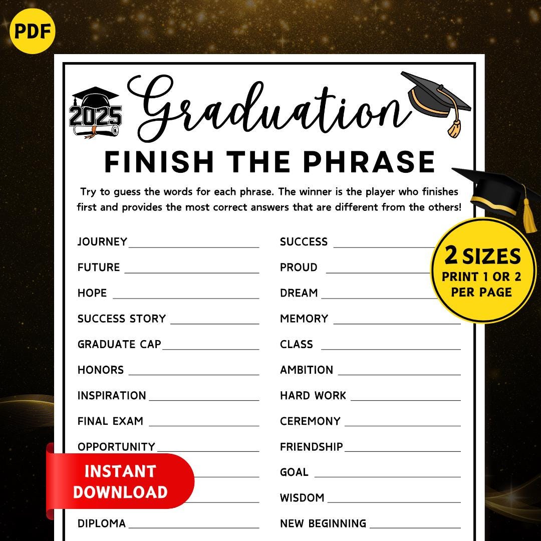 Graduation Finish the Phrase Game, Finish My Phrase, Printable Word ...
