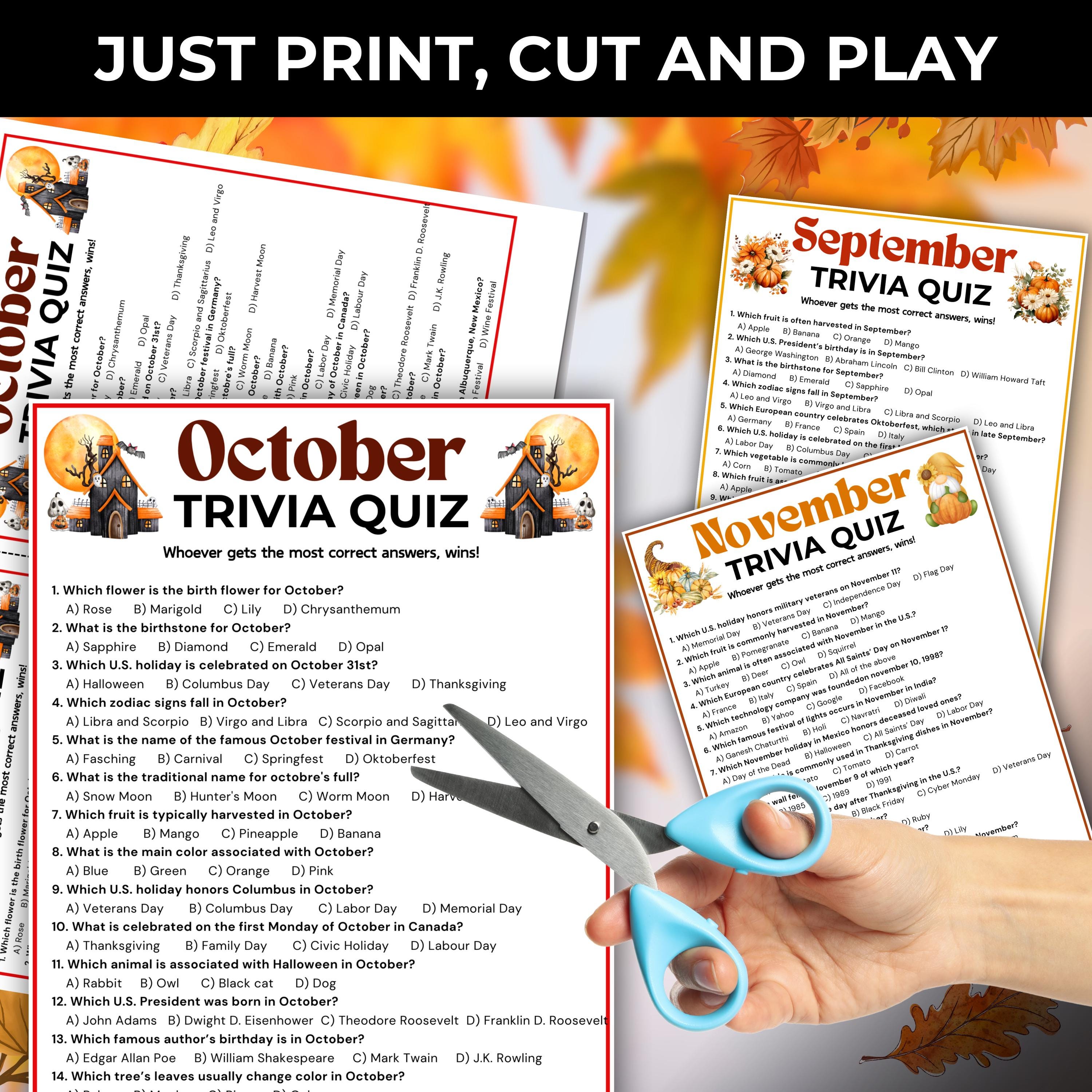 Fall Trivia Bundle, Autumn Trivia Quiz, Printable Trivia Games, Month ...